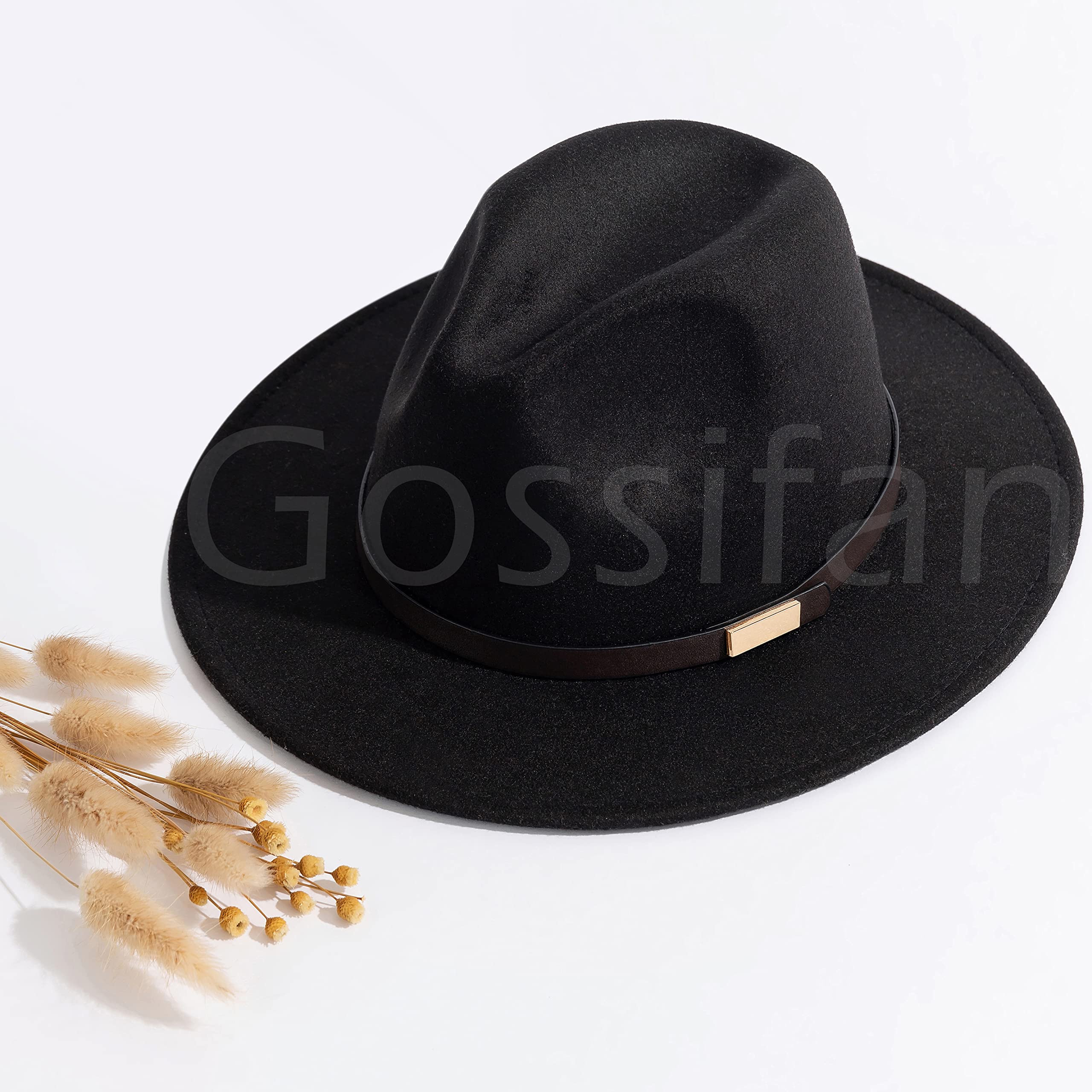 Gossifan Fedora Hats for Men Wide Brim Panama Hat with Classic Belt-B Belt Black