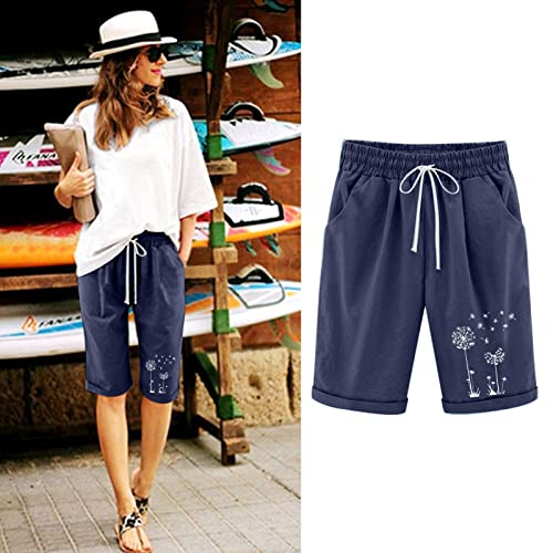 Shorts for Women Plus Size Bermuda Shorts for Women High Waisted Cotton Linen Elastic Drawstring Summer Shorts Casual Loose Fit Dandelion Print Dark Blue 4X