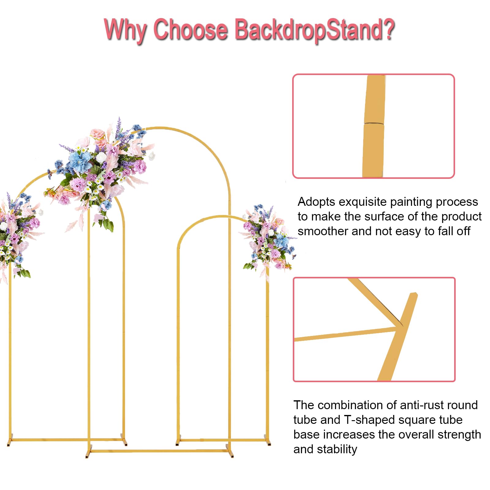 Gold Arch Backdrop Stand, Wedding Arch Stand Backdrop Set of 3 (6FT/5FT/4FT), Elegant Metal Arch Backdrop Stand for Wedding Ceremony Birthday Party Decoration