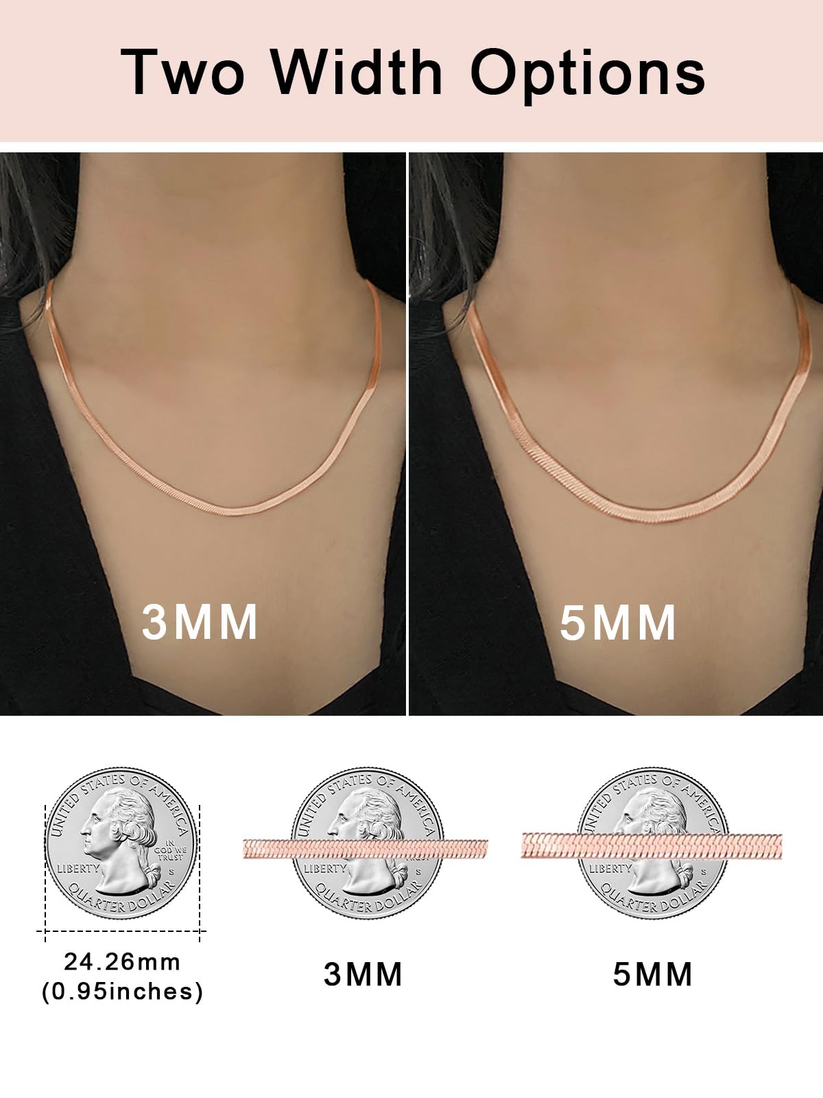 FOCALOOK Rose Gold Plated Flat Snake Chain Necklace Herringbone Necklace Pink Choker Necklaces for Women 3MM(W) 12.5+3.5"(L)