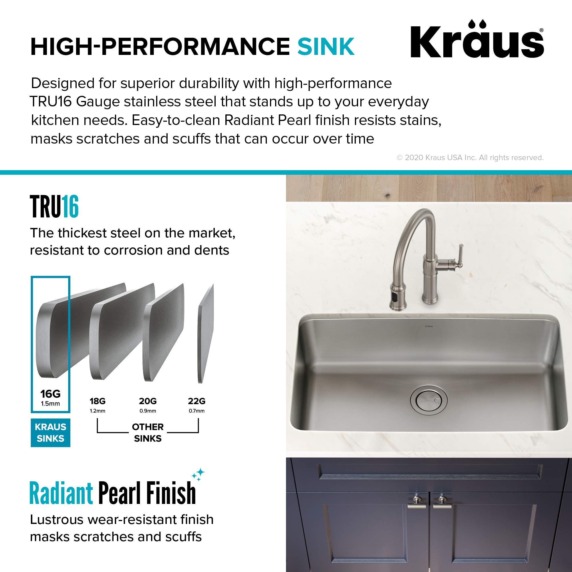KRAUS Dex 33-inch Undermount 16 Gauge Stainless Steel Single Bowl Kitchen Sink, KA1US33B