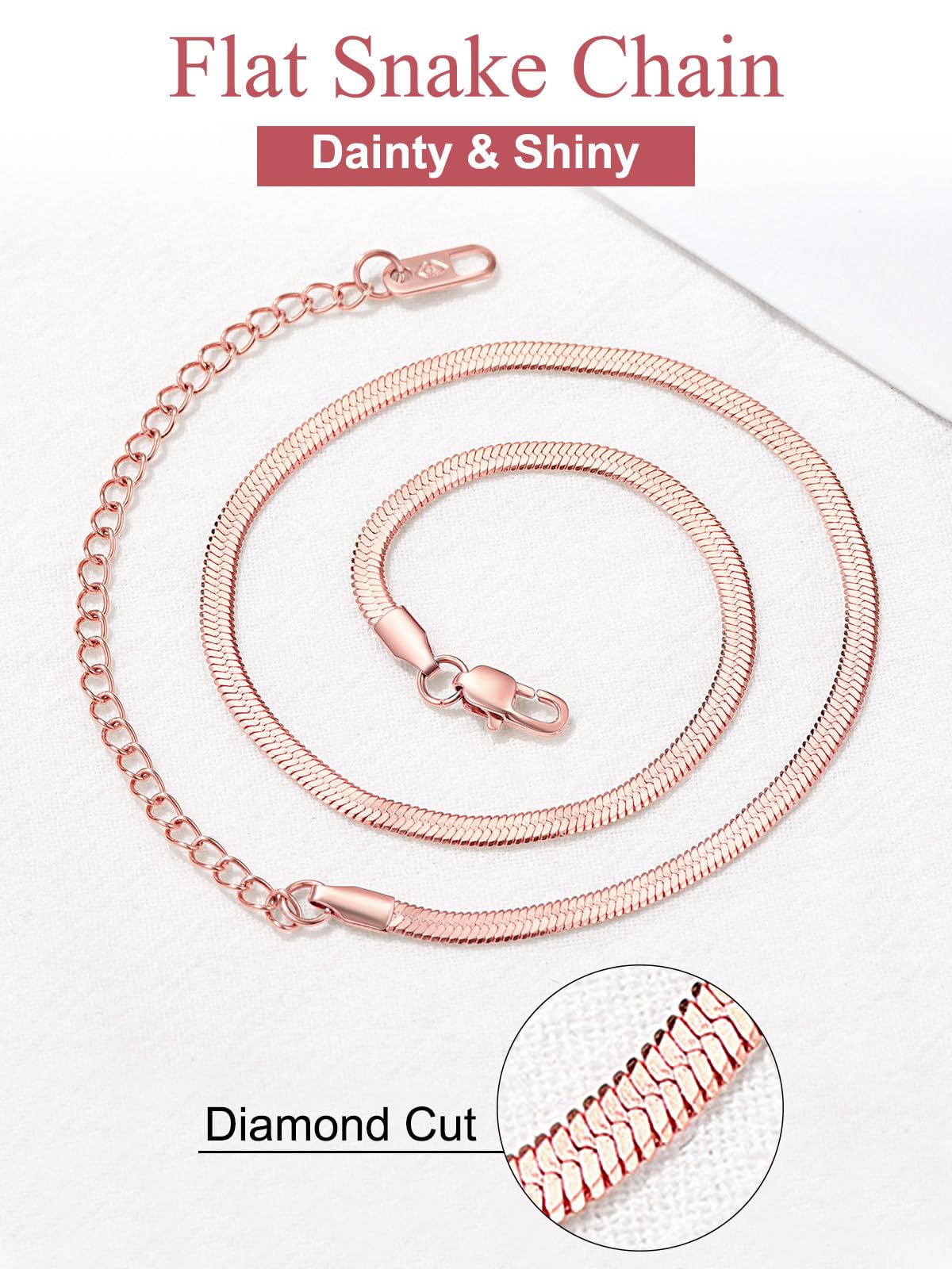 FOCALOOK Rose Gold Plated Flat Snake Chain Necklace Herringbone Necklace Pink Choker Necklaces for Women 3MM(W) 12.5+3.5"(L)