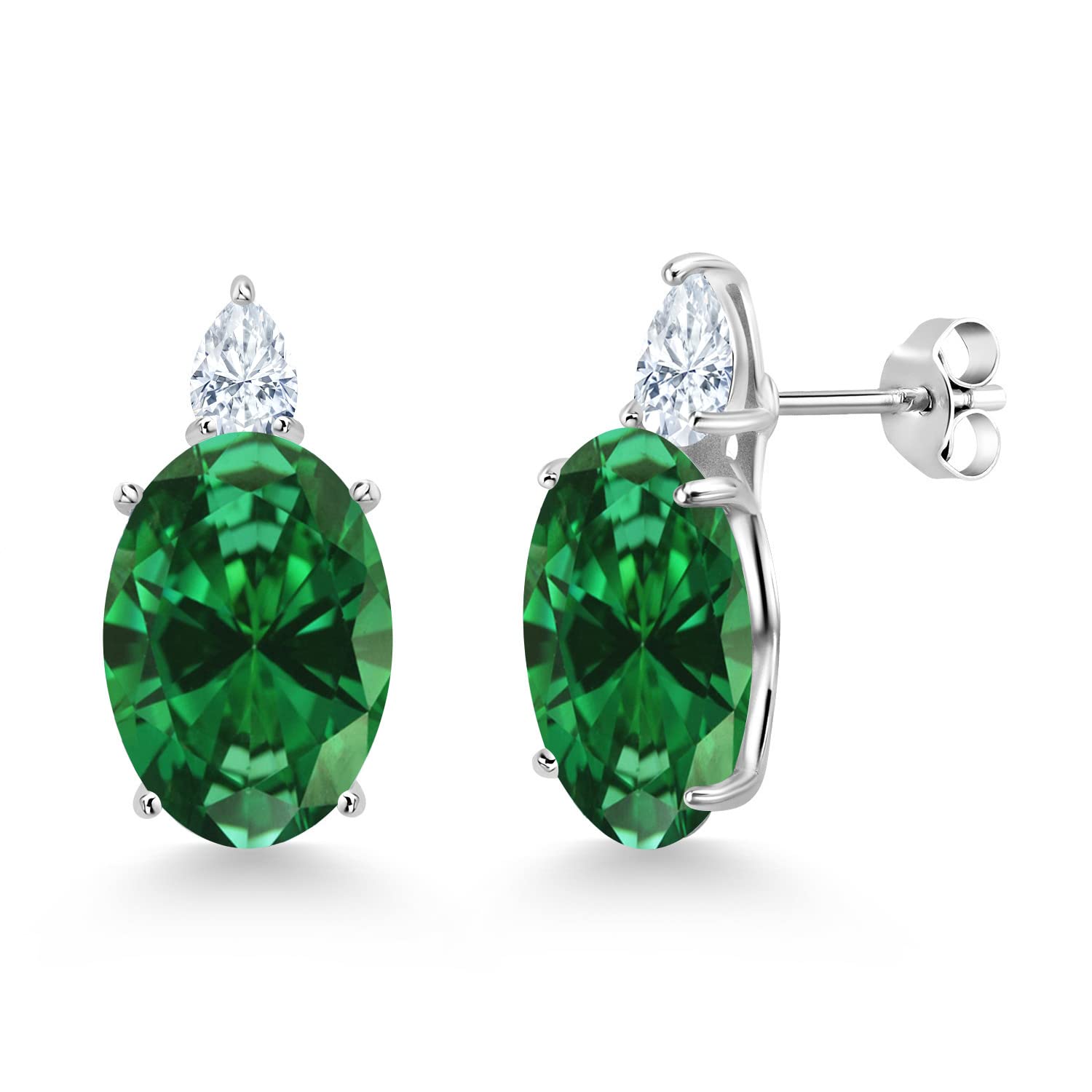 Gem Stone King 925 Sterling Silver Green Created Emerald and White Moissanite Stud Earrings For Women (8.80 Cttw, 14X10MM Oval, 6X4MM Pear Shape)