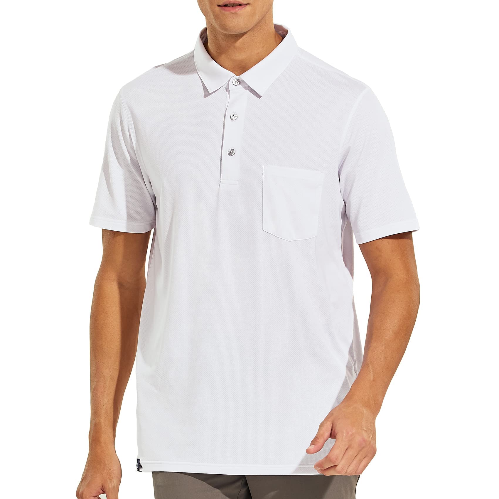 Haimont Polo Shirts with Pocket Dry Fit Golf Shirt for Men, Moisture Wicking Breathable Soft White,L