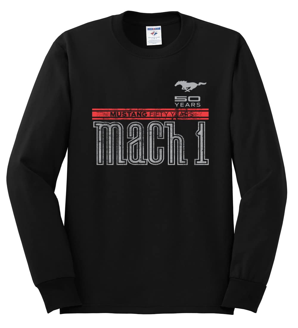 Ford Mustang 50 Years Logo Mach 1 Classic Emblem Cars and Trucks Mens Long Sleeve Shirt, Black, X-Large
