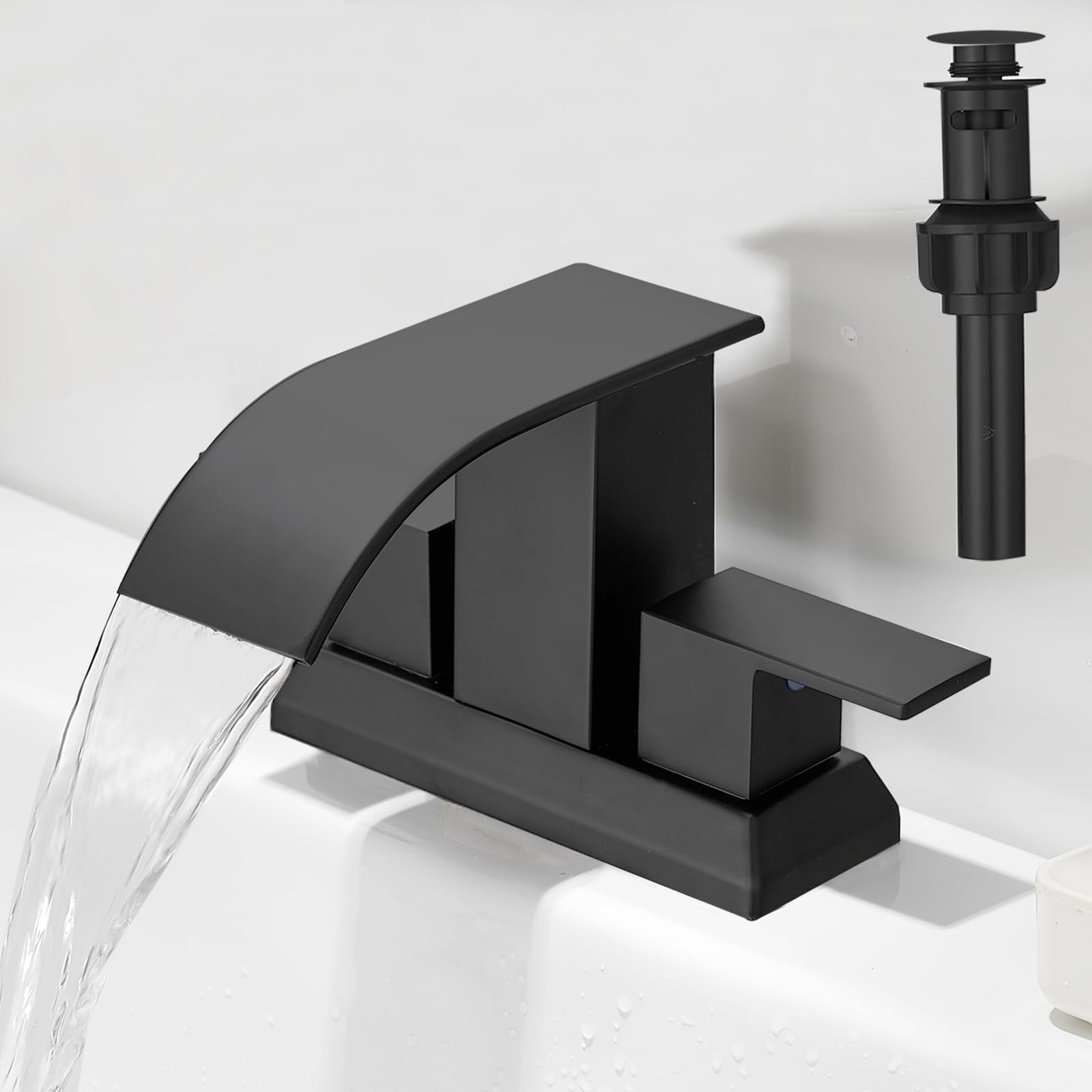 Hoimpro 3 Holes 4 Inch Bathroom Faucet, Waterfall Matte Black Bathroom Faucet Two Handles Centerset Bathroom Sink Faucet Vanity Sink Faucet with cUPC Supply Hoses and Pop Up Drain