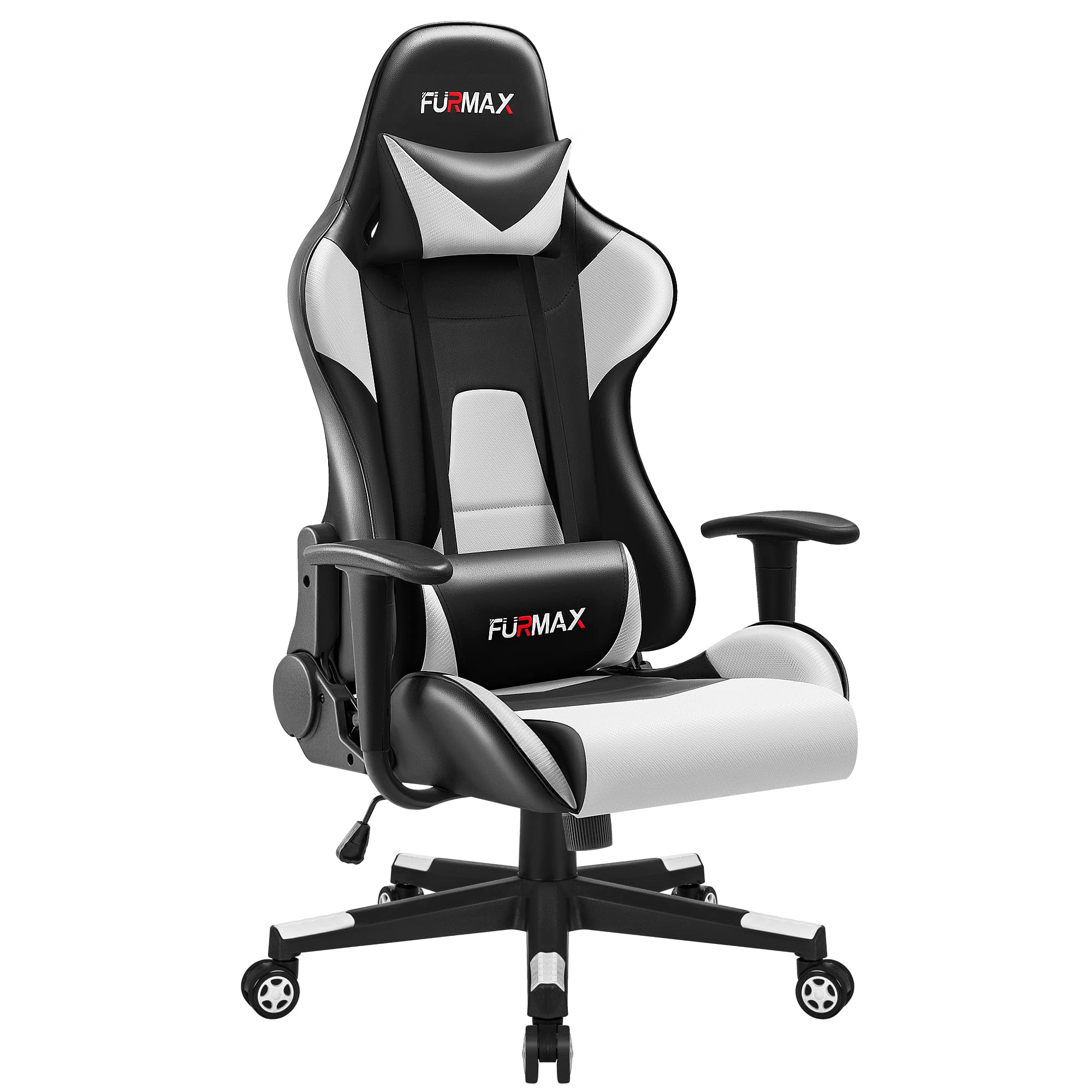 Furmax Video Gaming Chair Ergonomic PC Computer Office Chair Racing Leather Adjustable Swivel Chair with Headrest and Lumbar Support for Adults (Black/White)