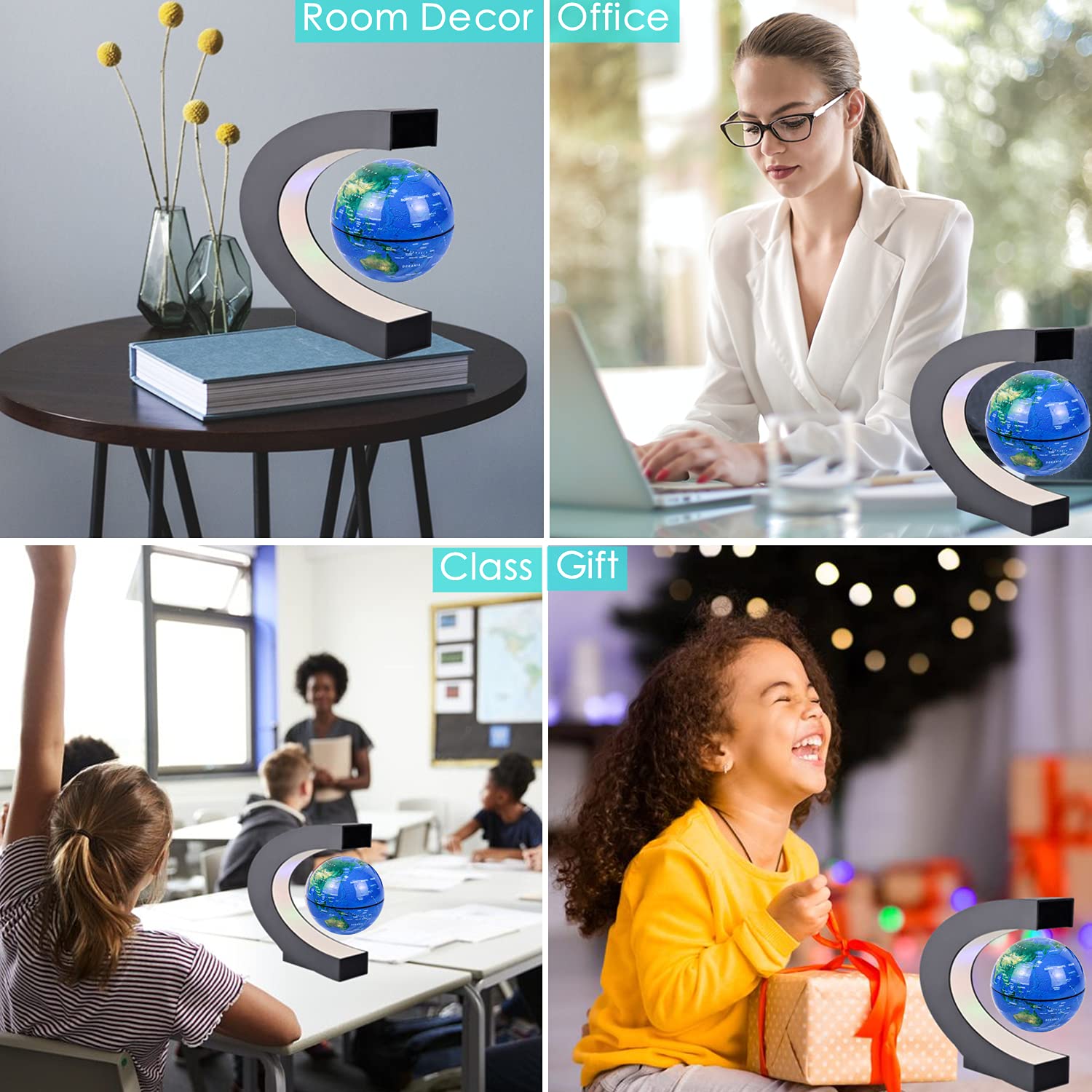 Fuyooh Magnetic Levitating Globe with LED Light, 4'' Rotating Earth Globe Ball with World Map, Creative Tech Gift for Boyfriend Father Kids (Blue)