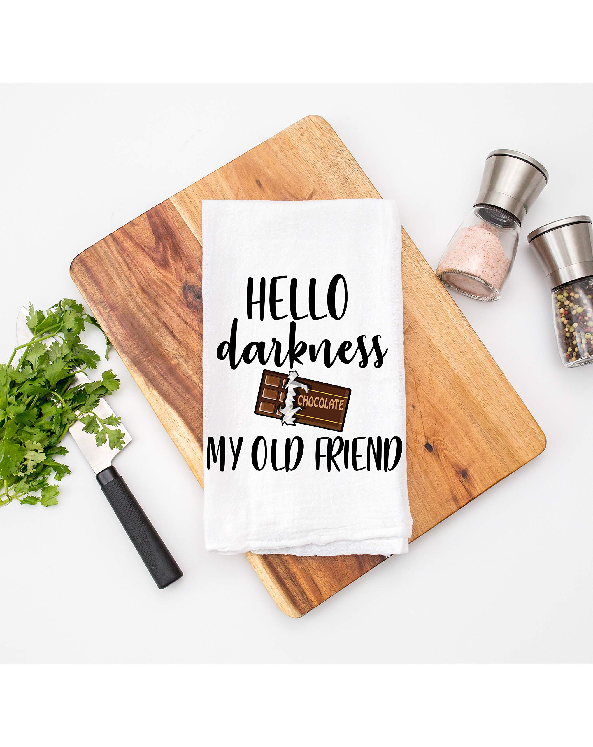Hello Darkness My Old Friend - Dish Towel Kitchen Tea Towel Funny Saying Humorous Flour Sack Towels Great Housewarming Gift 28 inch by 28 inch, 100% Cotton, Multi-Purpose Towel