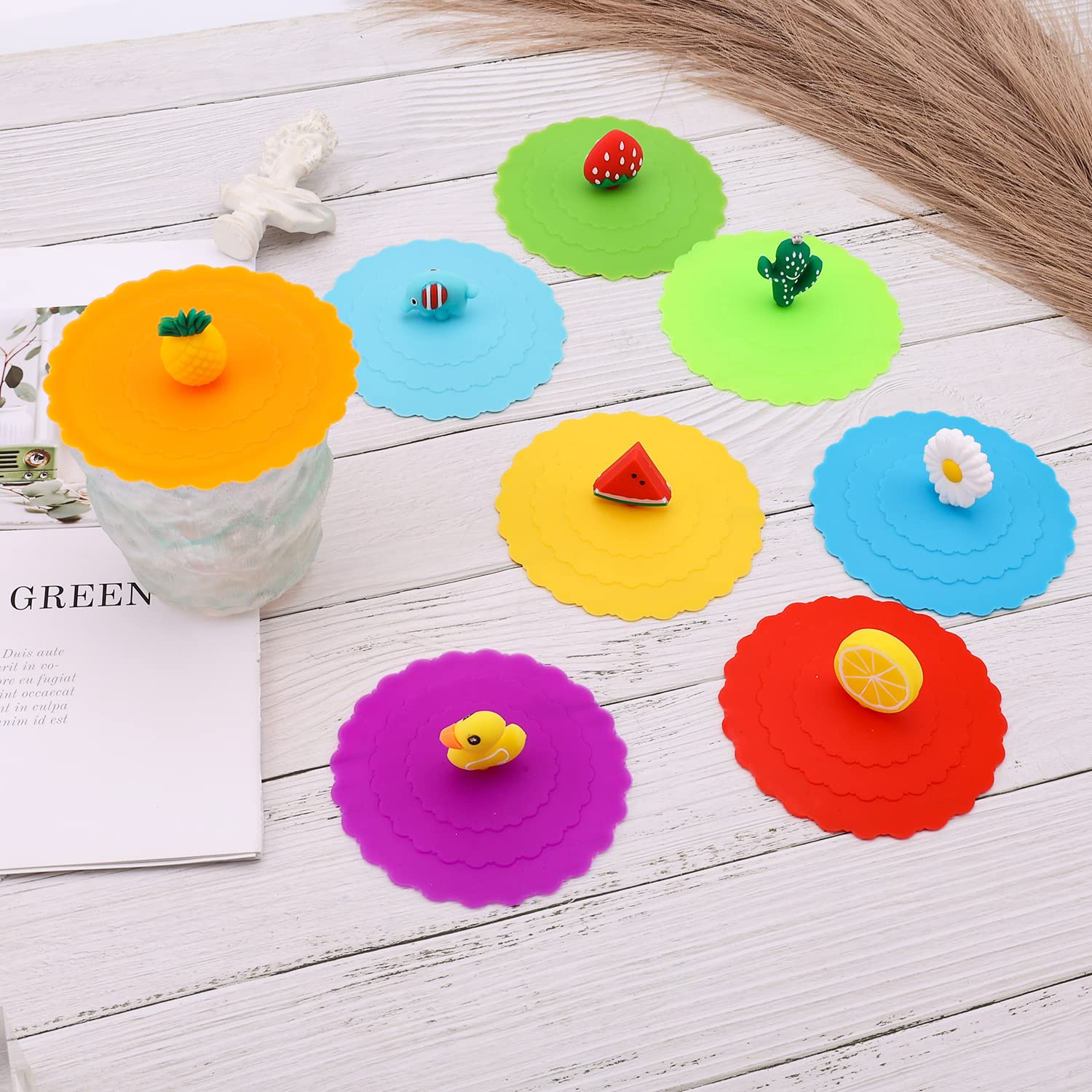 KINBOM 8pcs Silicone Mug Lid Cover, Colorful Anti-Dust Silicone Mug Cover Cute Reusable Silicone Lids for Cups Mugs Beer Glasses Outdoors & Indoors