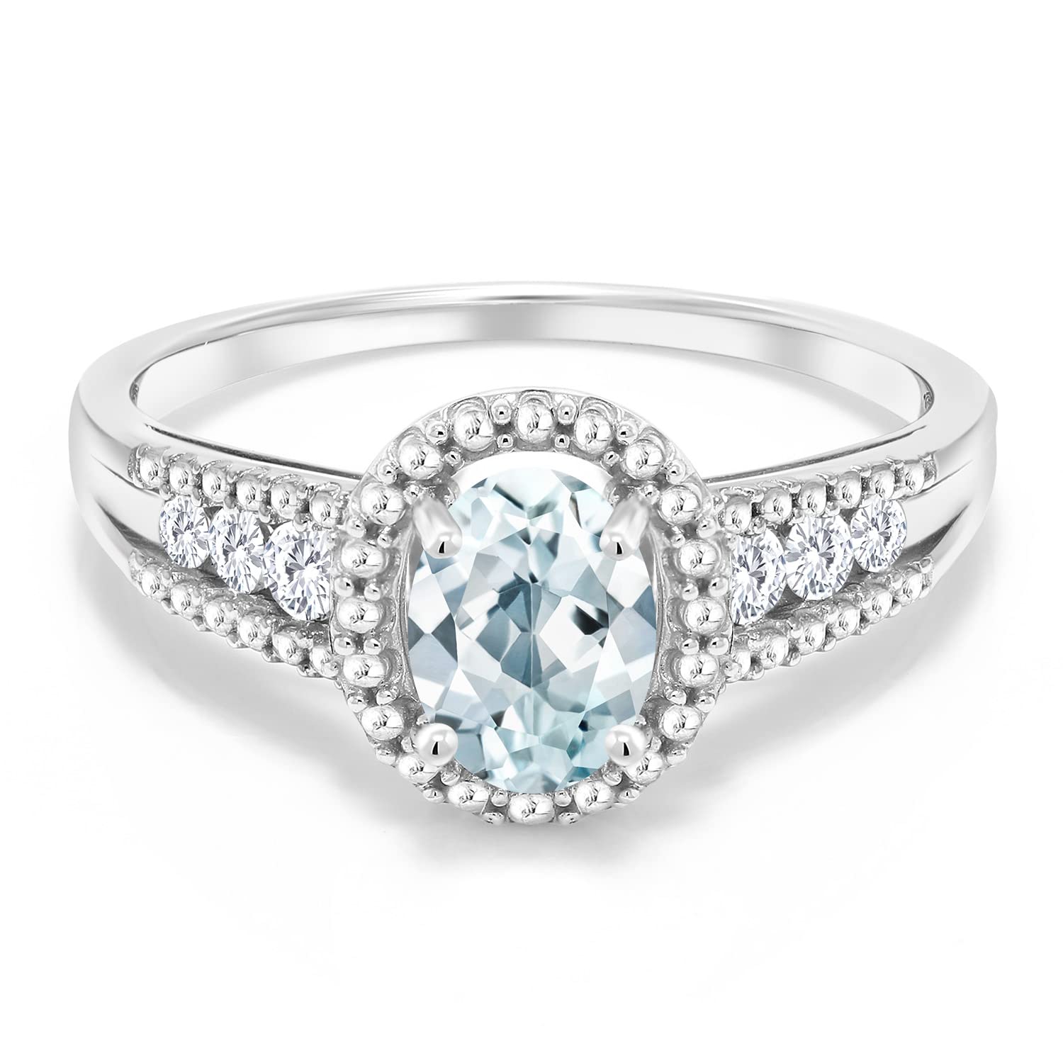 Gem Stone King 925 Sterling Silver Sky Blue Aquamarine and White Created Sapphire Women Engagement Ring (0.99 Cttw, Oval 7X5MM, Gemstone Birthstone, Available in size 5, 6, 7, 8, 9)
