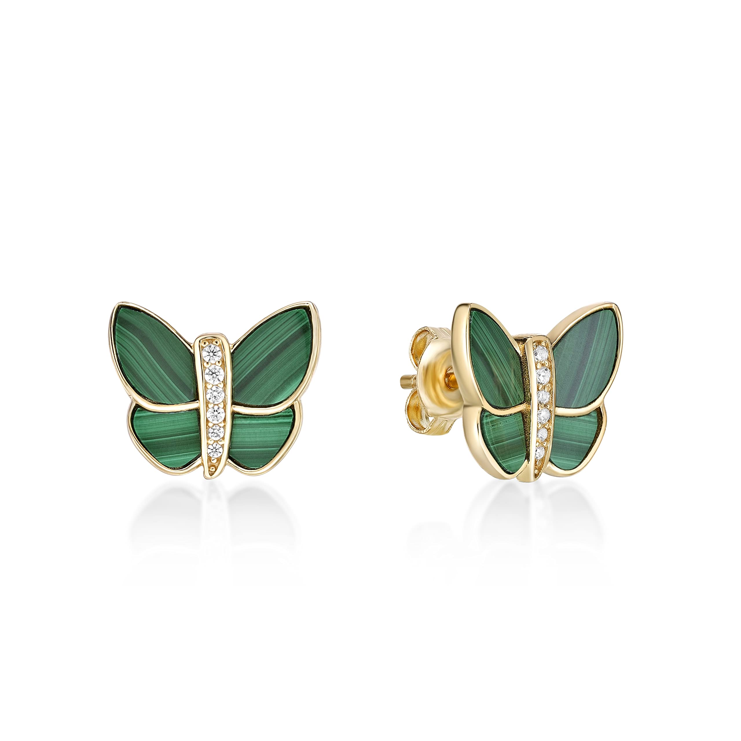 Green Malachite and Cubic Zirconia Butterfly Stud Earrings in 925 Sterling Silver with Yellow Gold Plating with Friction Back by Lavari Jewelers