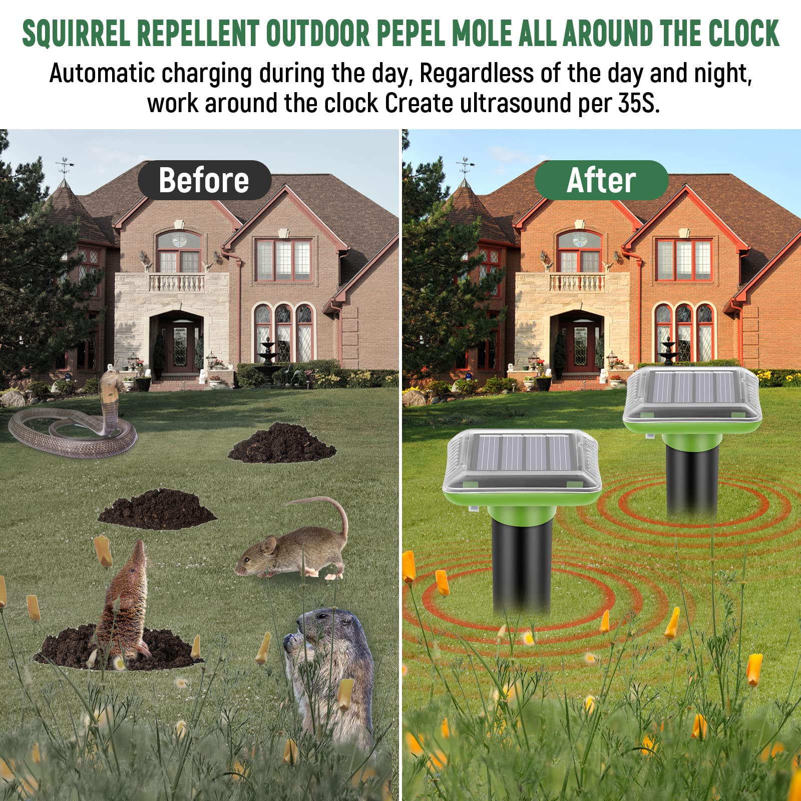 HiAnifri Solar Mole Repellent Ultrasonic,2023 New Mole Vole Gopher Repellent Outdoor Solar Powered,Effectively Repels Garden and Yard Voles,Snakes,Gophers