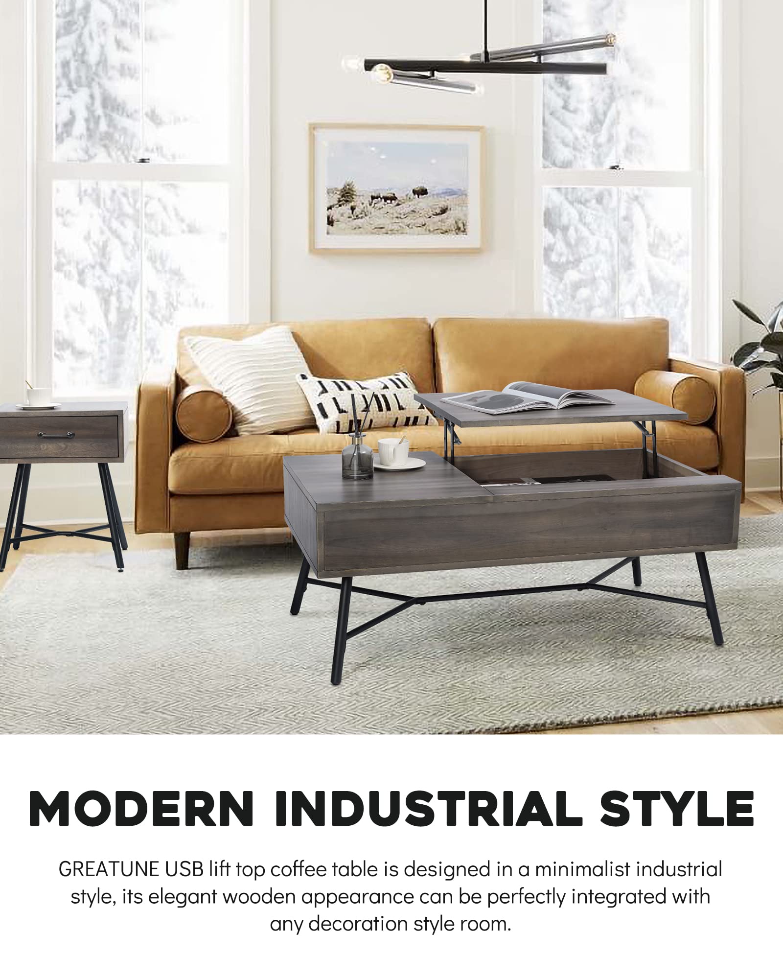 GREATUNE MCM Coffee Table for Living Room, Slide Top Coffee Tables, Rustic Natural Wood Veneer Coffee Table with Open Storage, Mid Century Coffee Table for Reception Home Office, Metal Legs, 31-Grey