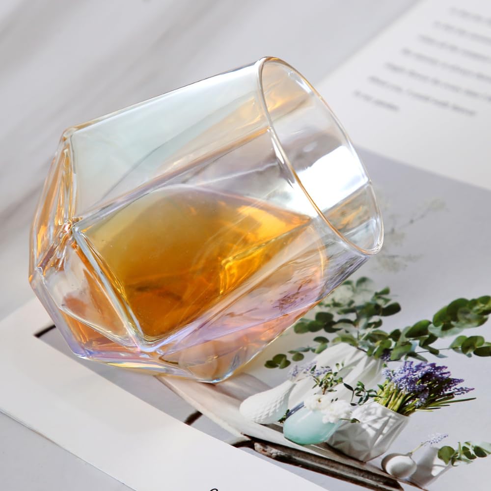 Glitzibles Premium Cube Glass Cup Set - Stemless Wine Glass Set of 2 (10 Oz) - Iridescent Glassware Gift for Wine Lovers - Diamond Rainbow Glasses for White Wine, Red Wine, and Bourbon