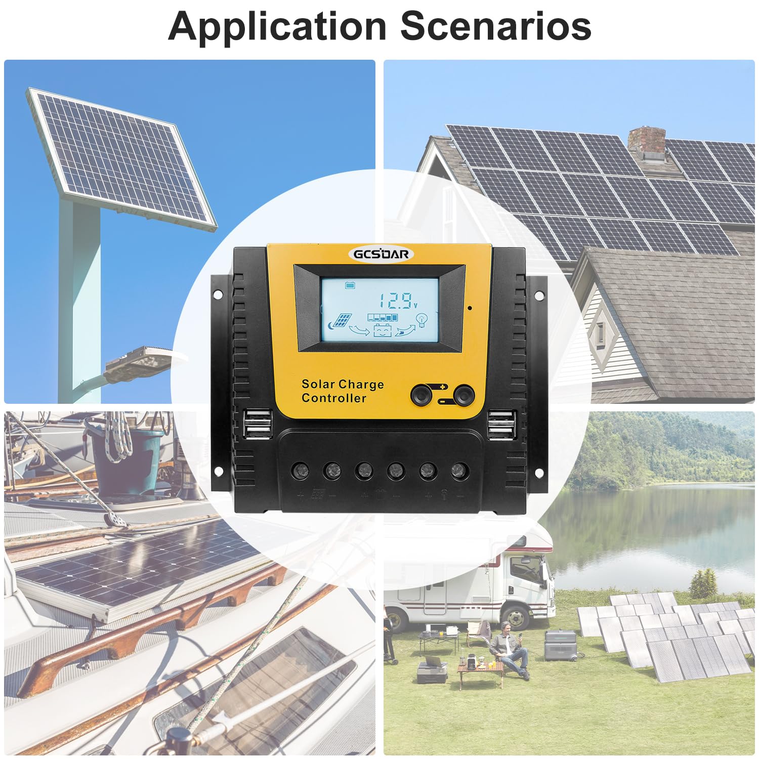 GCSOAR 60A Solar Charge Controller 12V 24V 36V 48V, Max PV 100VDC, Backlit Display, Solar Panels Off-Gird, Quattro USB Intelligent PWM Regulator for LFP, AGM, SLD, FLA BAT (60A)