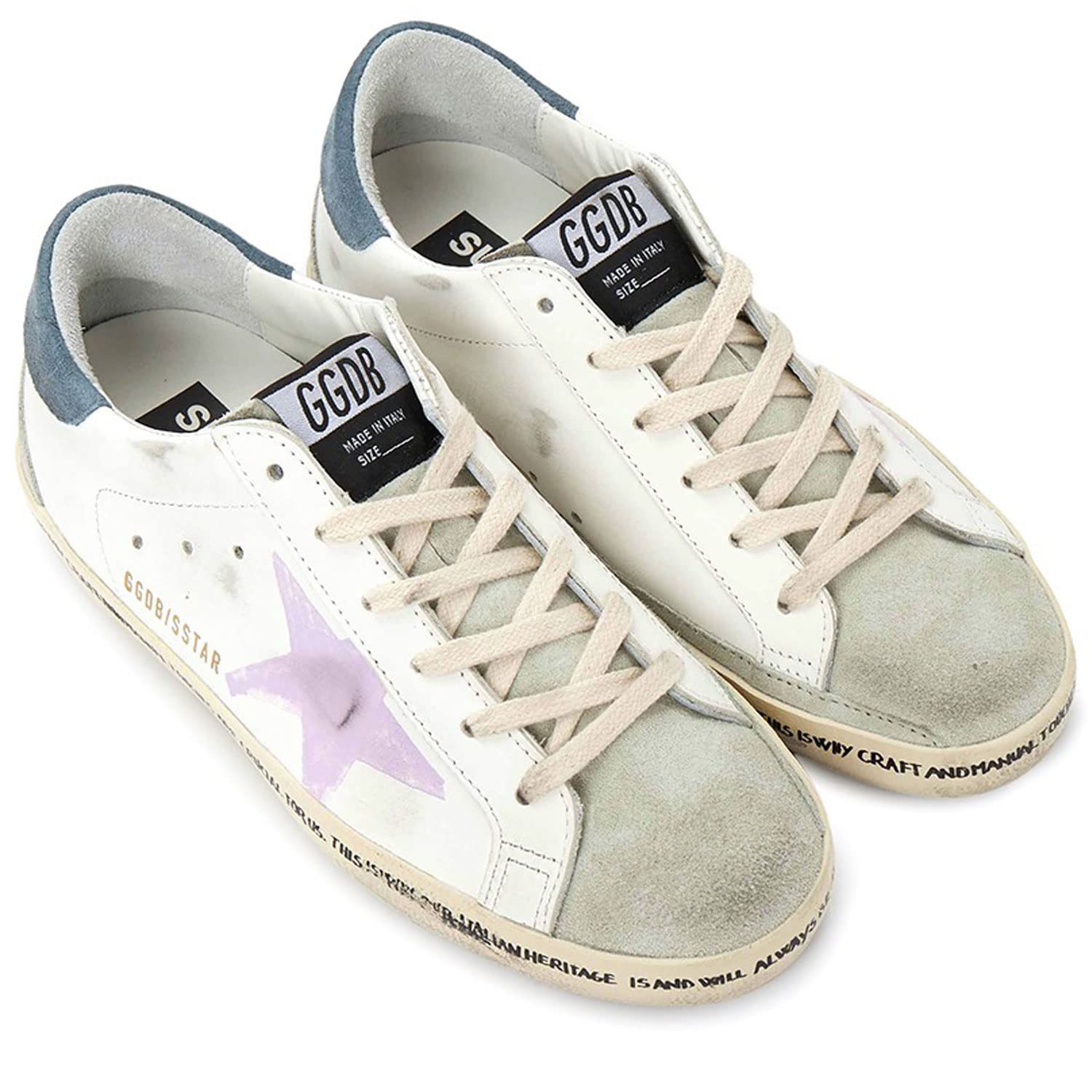 Golden Goose Super-Star with Serigraph Star Leather Upper Suede Spur and Heel Signature Foxing Womens Distressed Sneakers-37 White