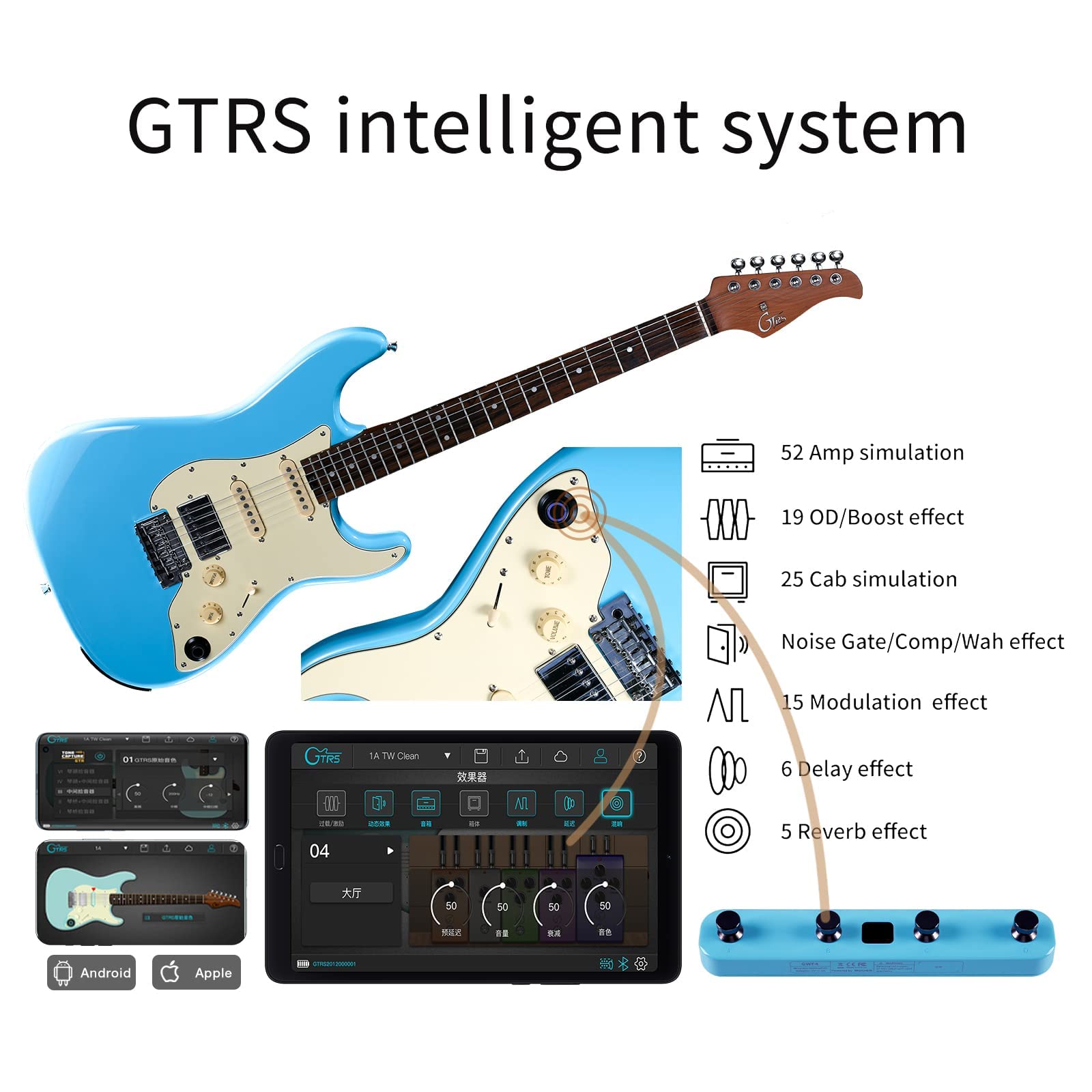 GTRS Intelligent Guitar Sonic Blue Electric Guitar Bundled with GWF4 Wireless Footswich Controller GCA5 Mini Bluetooth Amplifer