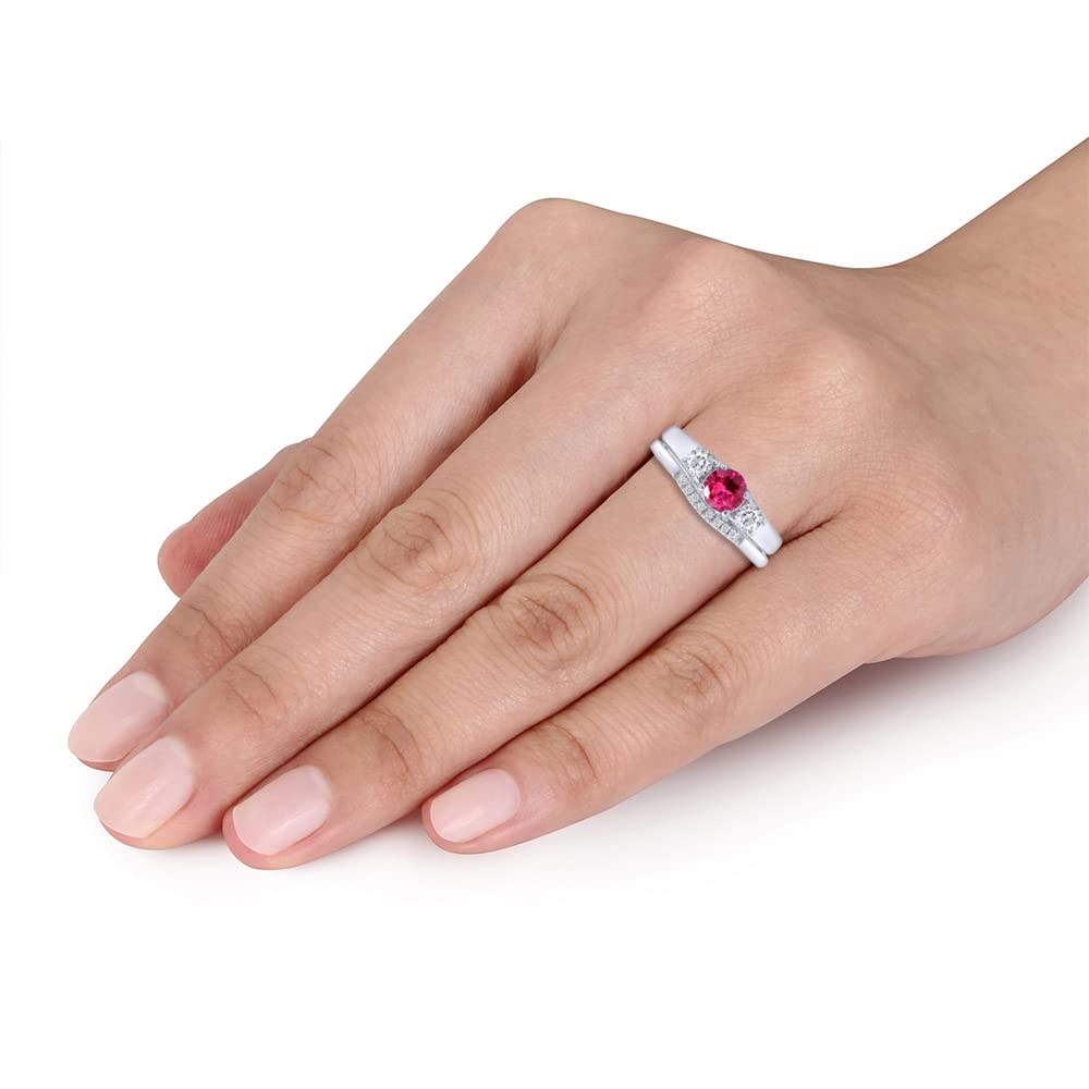 GEMVIO Collection Three Stone Ring, 5MM Round Lab Created Ruby Gemstone & Natural Diamond In 14K White Gold Over Sterling Silver Engagement Anniversary Wedding Bridal Set Ring(0.80Cttw)-7