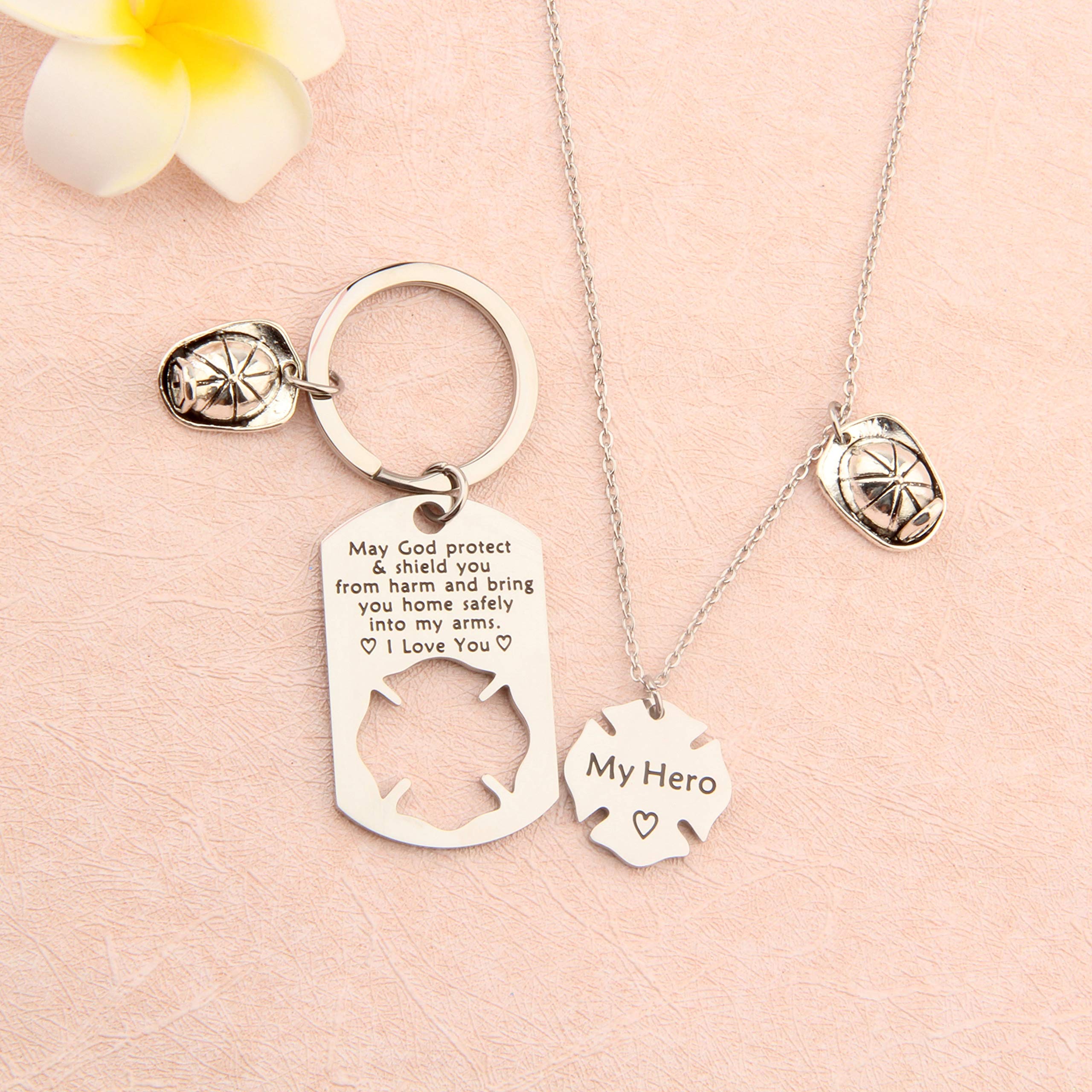 FUSTMW Firefighter Gift Keychain Necklace Matching Set Fireman Jewelry Gift for Firefighter Wife, Girlfriend, Mom, Daughter May God Protect You from Harm (silver)