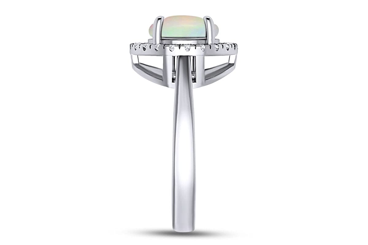 GEMVIO Collection 6MM Round Natural White Opal Gemstone & Natural Diamond Frame in 10K Solid White Gold Halo Engagement Bridal Wedding Band Ring (0.85 Cttw) Size-6