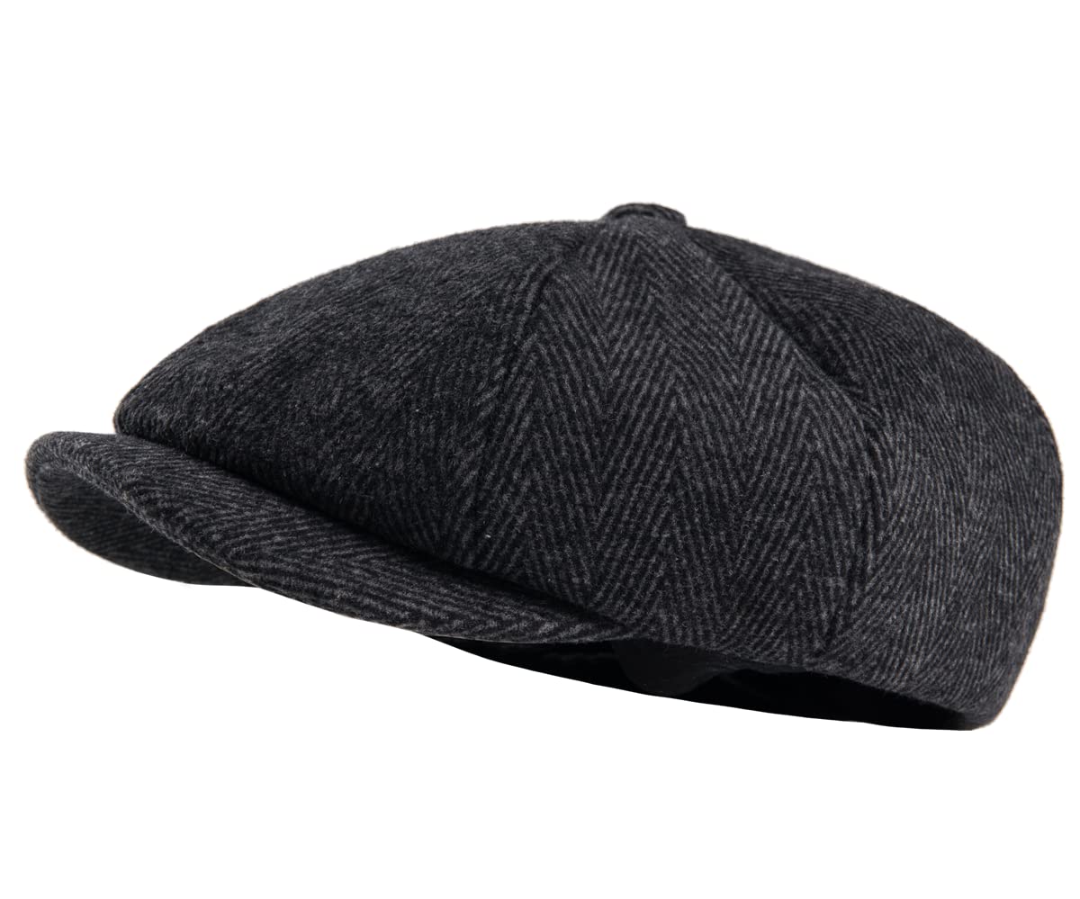 Hccfit 2 Pack Newsboy Cap Peaky Herringbone Baker Boy Flat Caps for Men Women (Black and Gery)