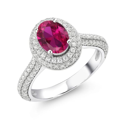 Gem Stone King 925 Sterling Silver 8X6MM Oval Gemstone Birthstone and White Moissanite Halo Engagement Ring | Wedding Anniversary Promise Ring For Women | Size 5,6,7,8,9