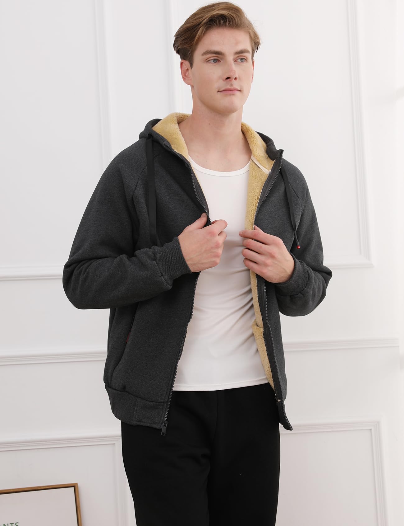 Gihuo Men's Winter Sherpa Lined Hoodie Zip Up Sweatshirt Heavyweight Warm Fleece Jacket with Pockets (Dark Grey, Large)