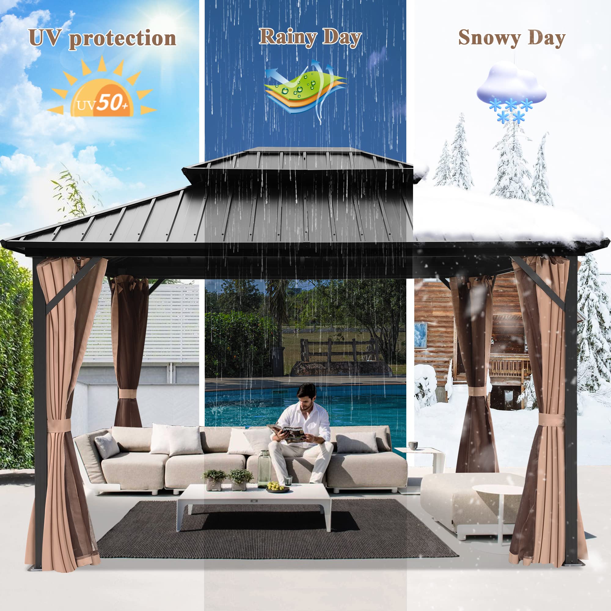 Funny Sunny 10x12ft Hardtop Gazebo, Heavy Duty Double Top Galvanized Iron Metal Pergola Roof, Aluminum Frame with Curtains & Netting, Outdoor Vertical Striped Panel Canopy for Patio Backyard Garden