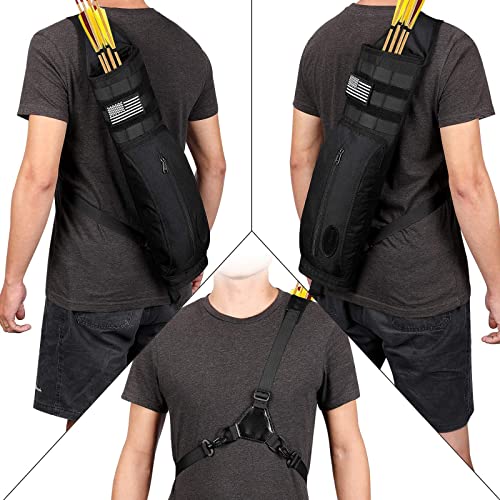 G4Free Archery Back Arrow Quiver Deluxe Canvas Arrow Holder Shoulder Hanged Hunting Target Quiver (Black with Tactical Patch)