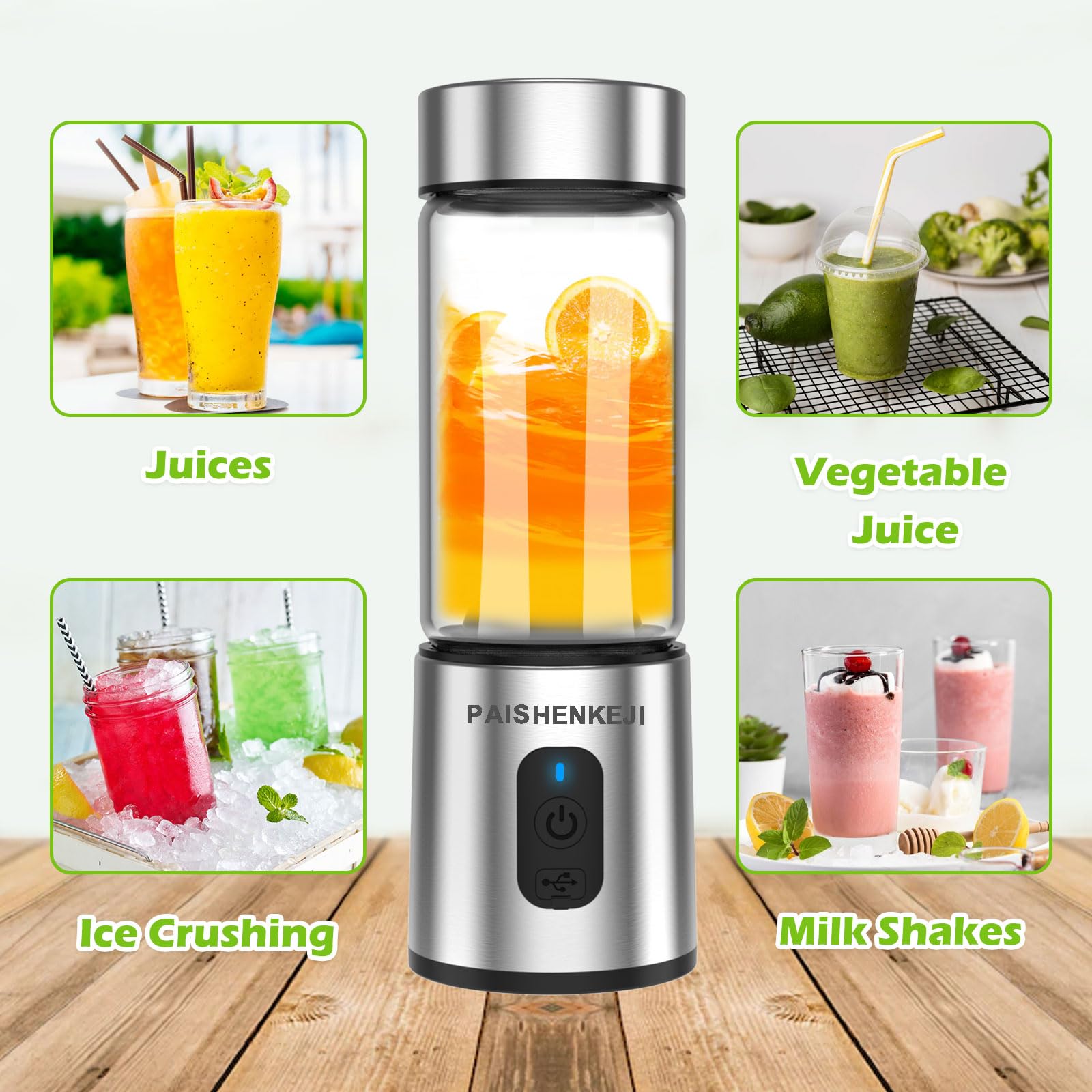 Glass Portable Blender for Smoothies: Personal Blender for Shakes and Smoothies USB Rechargeable, for Baby Food Travel Beach Office Sports Use