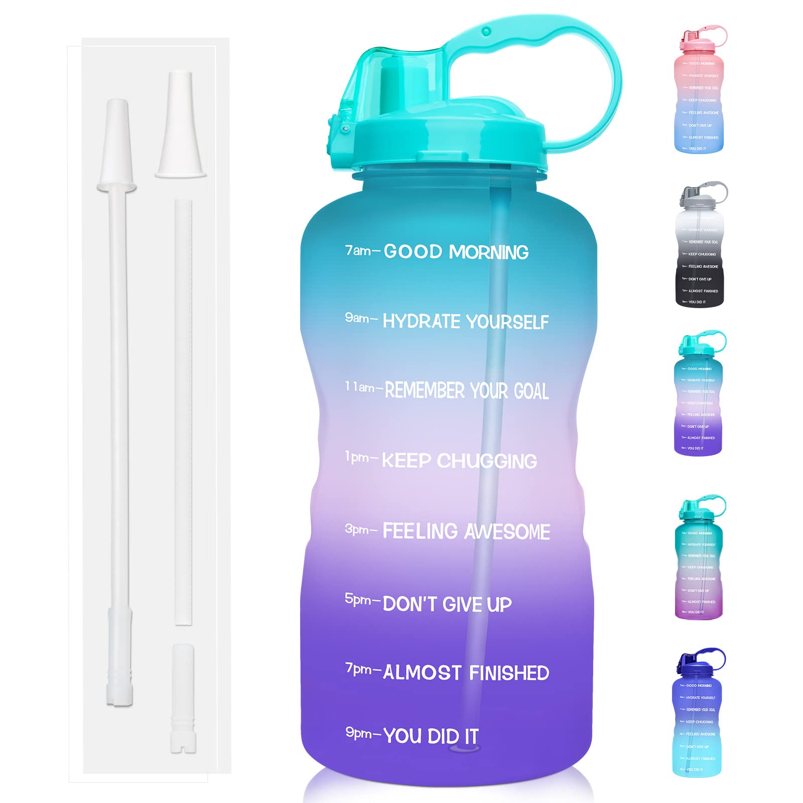 Giotto Large 1 Gallon/128oz (When Full) Motivational Water Bottle with Time Marker & Straw, Leakproof Tritan BPA Free for Fitness, Gym and Outdoor Sports-Purple/Pink/Green Gradient