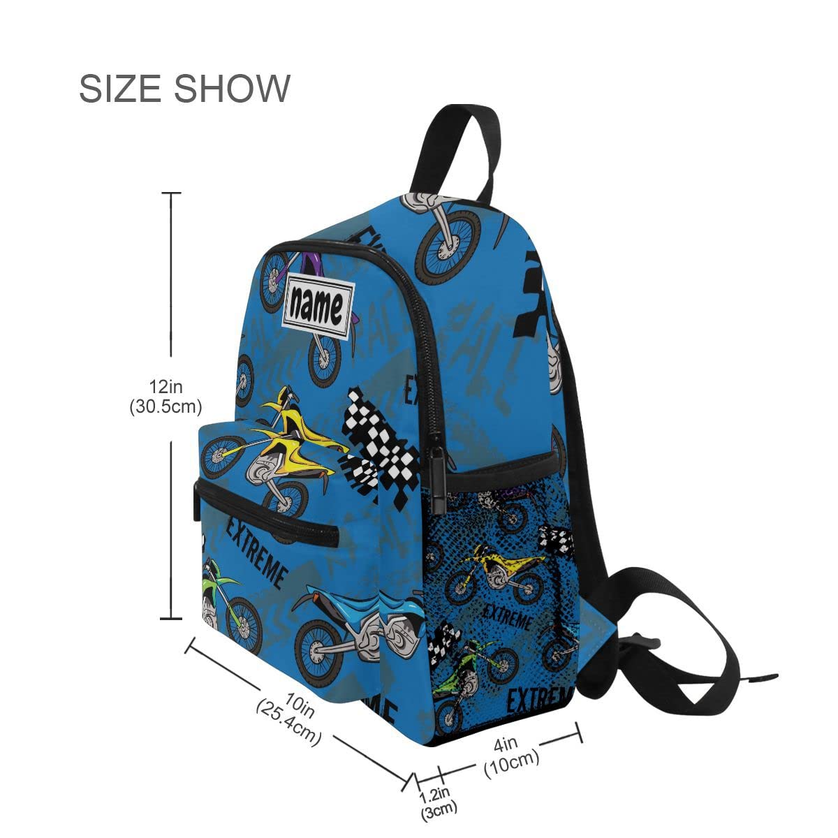 Glaphy Custom Kid's Name Backpack, Motorcycles Sports Pattern Toddler Backpack for Daycare Travel Personalized Name Preschool Bookbag for Boys Girls