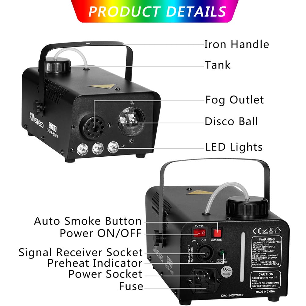 Fog Machine Smoke Machine for Halloween Parties Wedding,600 Watt Portable Fogger Machines with LED Lights and Disco Ball