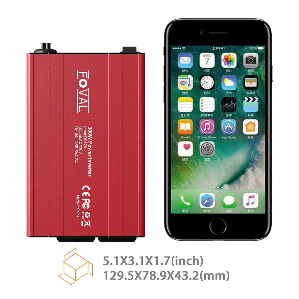 FOVAL Power Inverter 300W DC 12V to 110V AC Converter with 4.2A Dual USB Car Charger Red