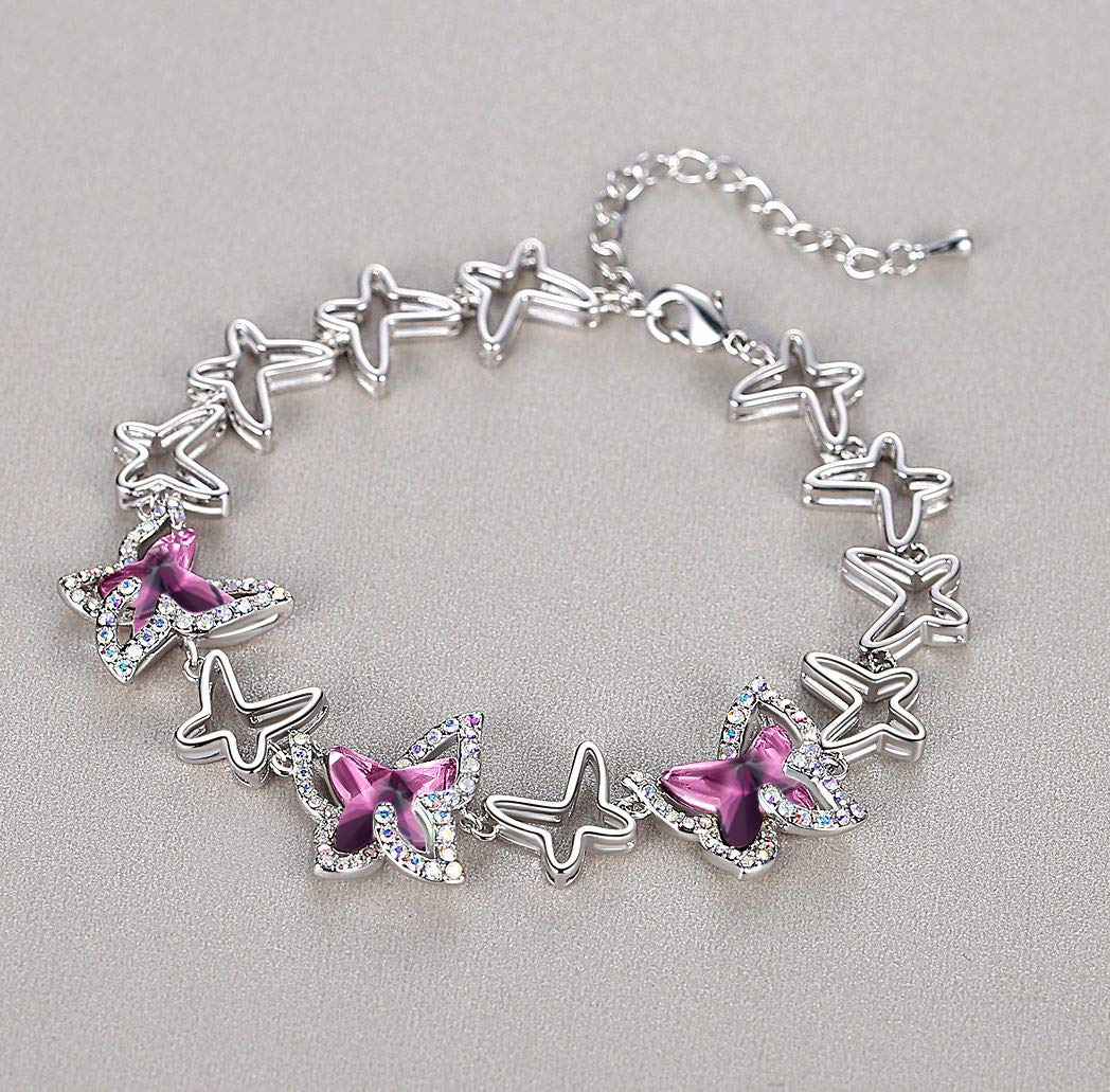 GEMMANCE Butterfly Link Charm Bracelet with Amethyst Pink Birthstone Crystal for February, Silver-Tone, 18”+2”Chain