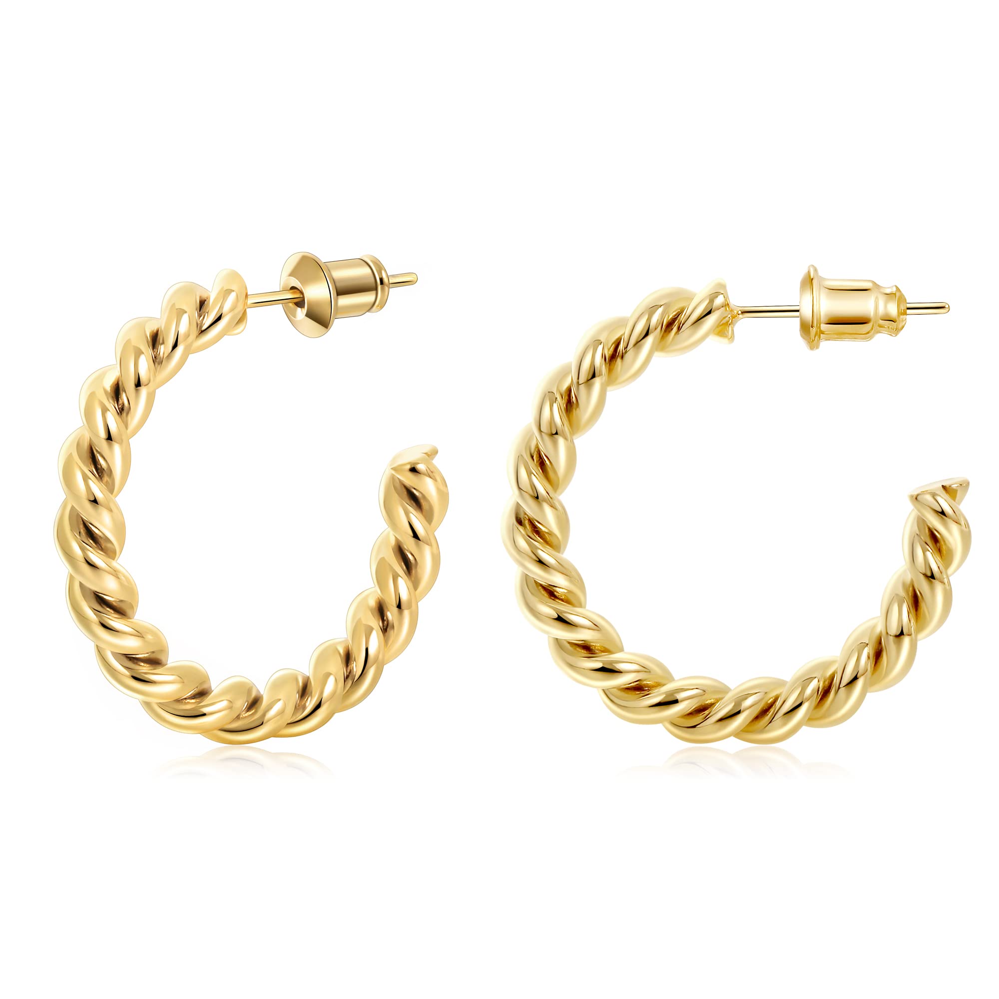 Gacimy Twisted Gold Hoop Earrings for Women 14K Real Gold Plated, 925 Sterling Silver Post Chunky Hoop Earrings for Women, 25mm Medium Braided Hoop Earrings