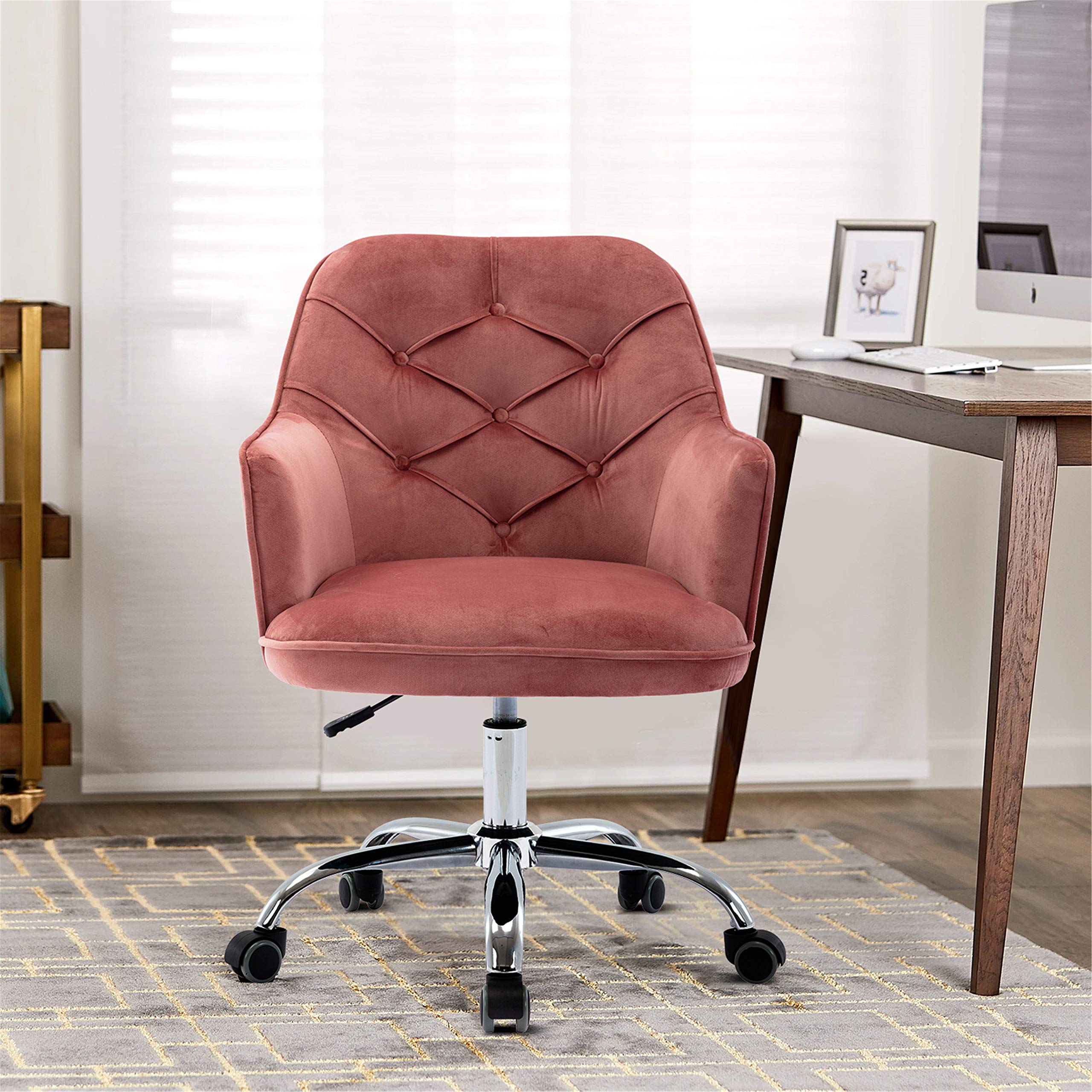 Goujxcy Upholstered Velvet Swivel Chair on Rolling Castors, Adjustable Lift Height Home Office Leisure Armrest Shell Chair with Backrest, Pink