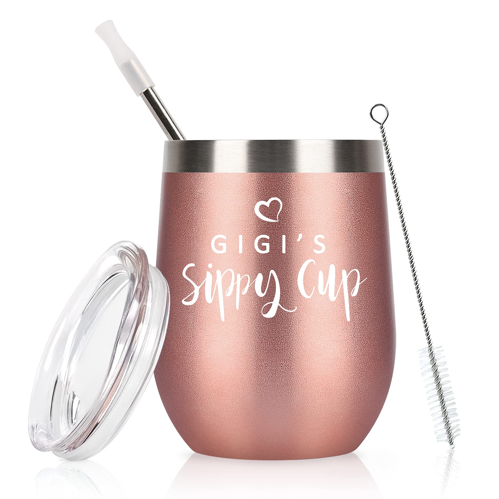 GINGPROUS Grandma Gift-Gigi's Sippy Cup Wine Tumbler with Lid and Straw, Gifts for Grandma Gigi Grandmother Mother's Day Birthday Christmas, Insulated Stainless Steel Wine Tumbler (12Oz, Rose Gold)
