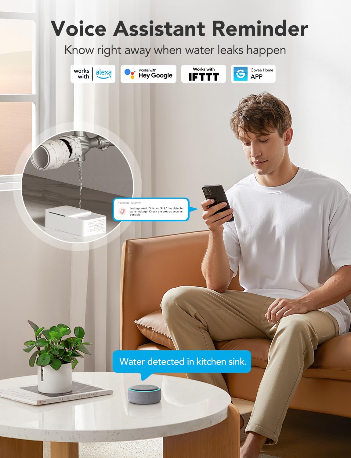 GoveeLife WiFi Water Ieak Detector 2 for Home, Smart Water Ieak Sensor 4 Pack with 100dB Adjustable Alarm and App Alerts, Wireless Detector with 1312 ft Transmission for Basement, Kitchen, Bathroom