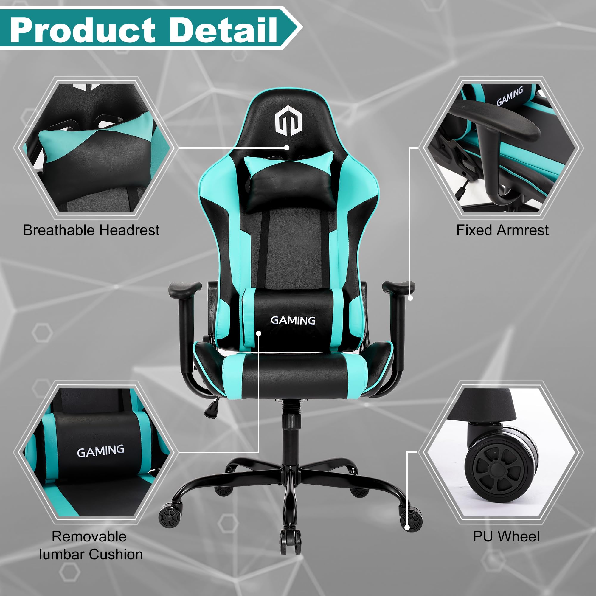 GOTMINSI Video Gaming Chair with Headrest and Lumbar Cushion Adjustable Desk Chair for Office and Study Room Computer Racing Chair with Ergonomic High Backrest (BK/Mint)