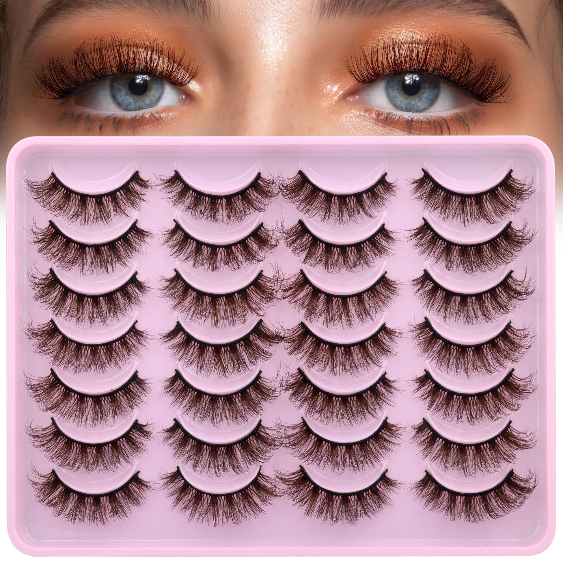 Newcally Brown Natural Lashes Wispy False Eyelashes 3D Colored Eyelashes Fluffy Cat Eye Lashes Mink Faux Curl Fake Lashes 14 Pairs Pack