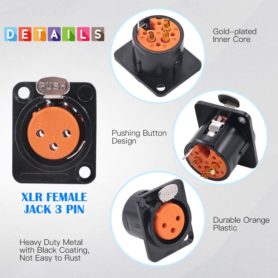 Glarks 8Pcs 3 Pin XLR Male Female Jack with Gold Plated Pin, Chassis Panel Mount Jacks D Series Size, Compatible with Series D Pattern Holes Audio Studio Connector