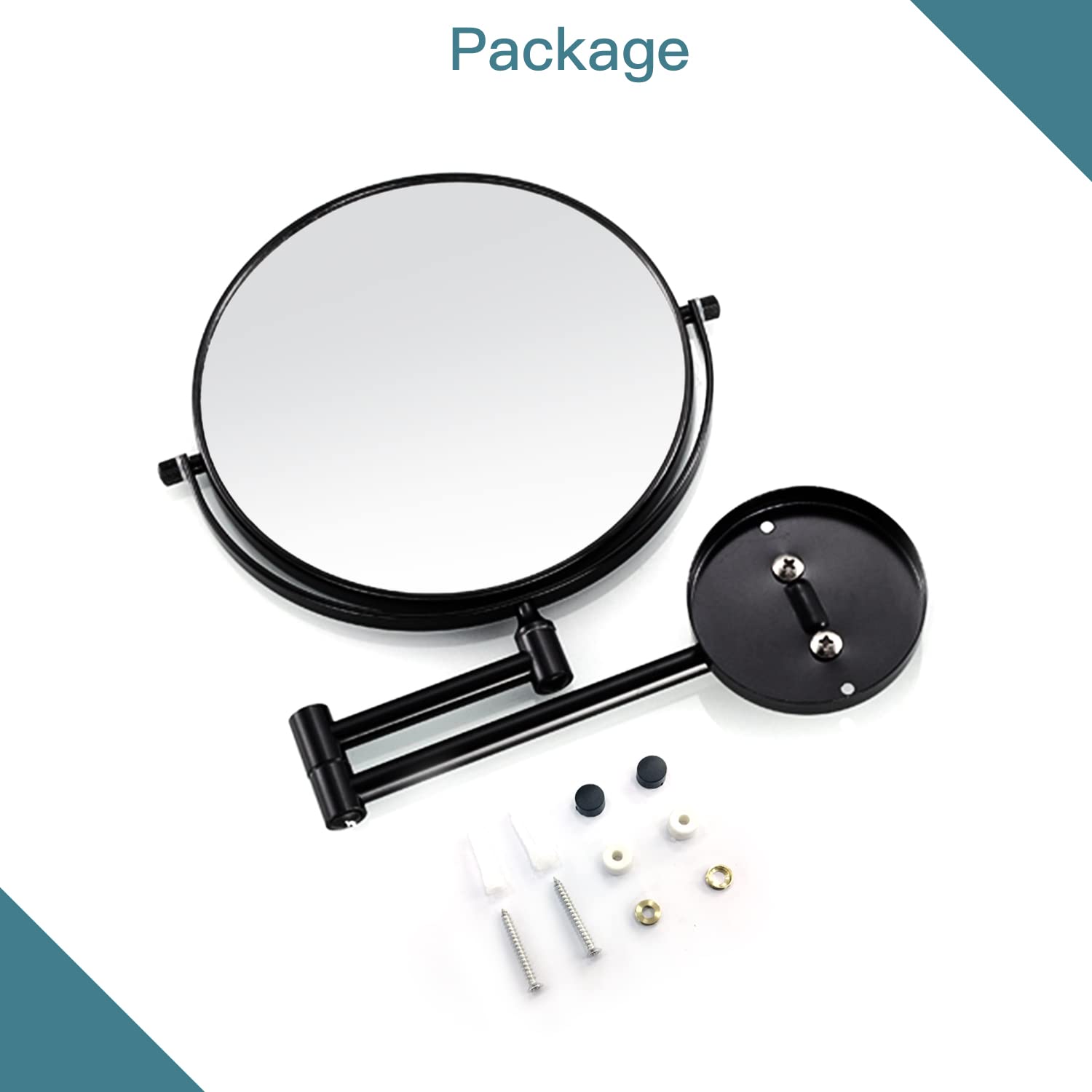 gotonovo Wall Mounted Magnifying Mirror Pivoting Arm Double Sided Swivel Makeup Vanity Black Telescoping Handheld Mirror 8 Inch Magnification Round Base