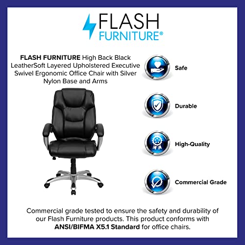 Flash Furniture Heather High Back Black LeatherSoft Layered Upholstered Executive Swivel Ergonomic Office Chair with Silver Nylon Base and Arms