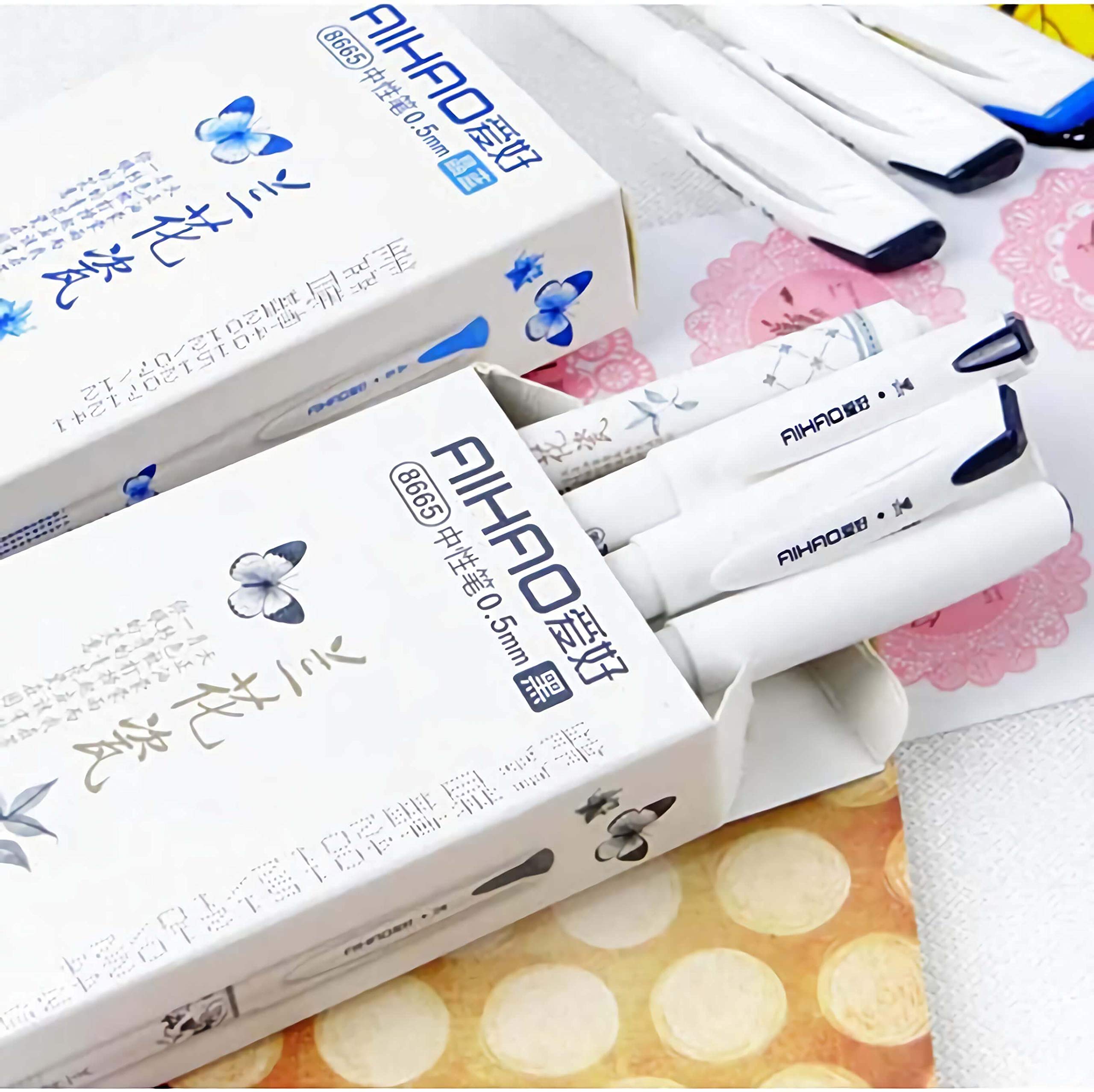 Gel Pens with Black ink Ballpoint Pens Fine Point Pens Roller Ball Smooth Writing Pens for Office Home Work, 0.5mm Fine Tip Pen,Orchid porcelain pattern (12-Pack) (Black)