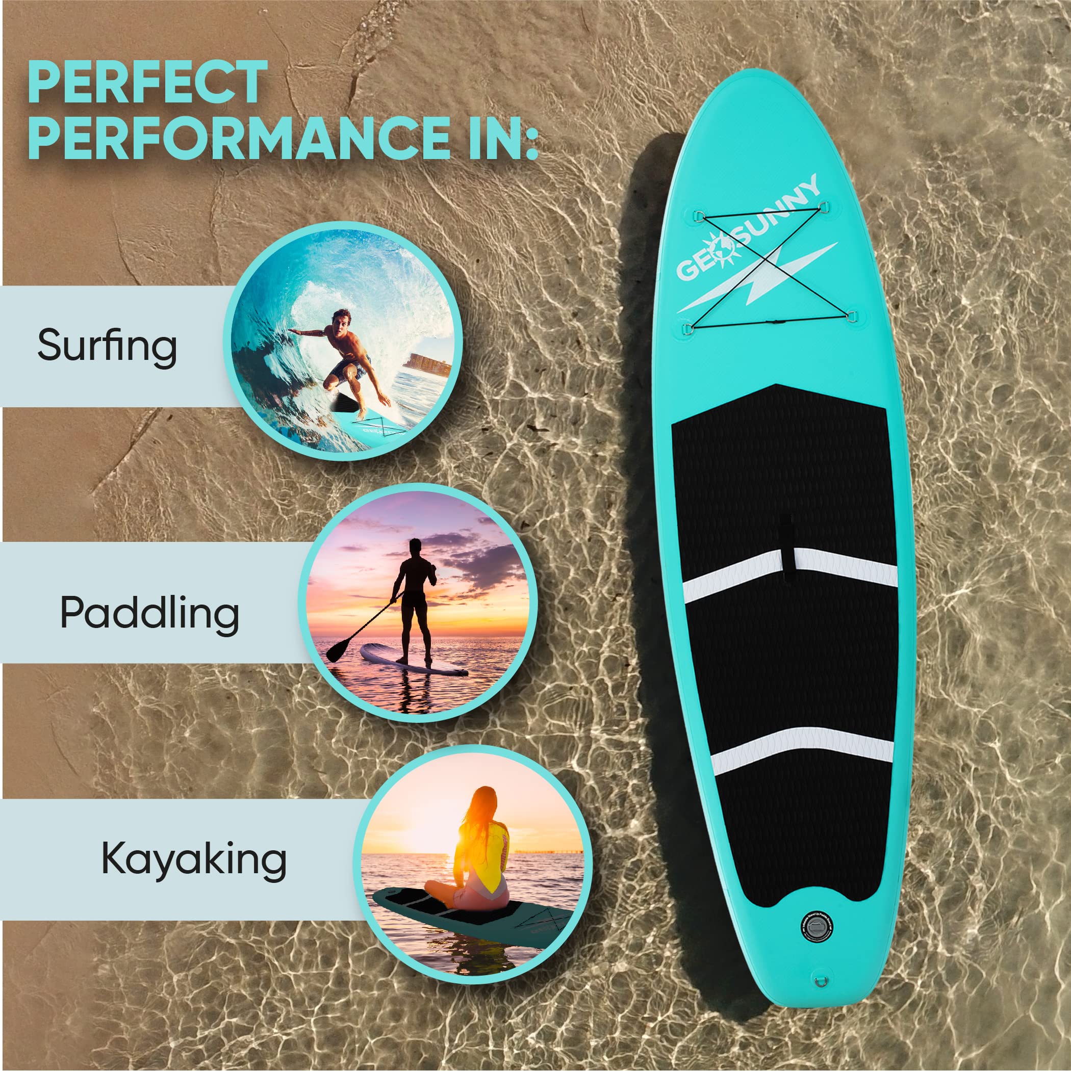 GEOSUNNY Inflatable Paddle Board-10ft. 32"x6" for Kayak, Surfing, Paddleboarding- Non-Slip Deck, 3 Fins -with Hand Pump, Paddle, Backpack, Repair Kit, Leash, Removable Fin, Accessories, Blue & Black