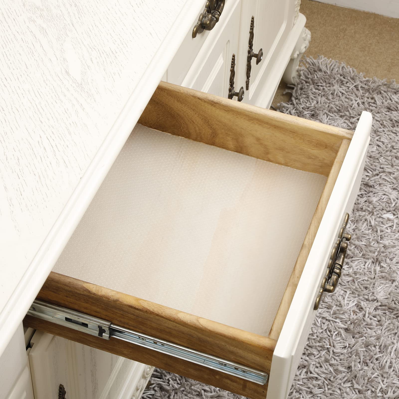 Hersvin Shelf Liners, 23.6x196.9 Inch EVA Non-Adhesive Drawer Mats, Cupboard Pad, Kitchen Cabinet Lining Fridge Cushion for Home Office (Clear/Dot, 60x500cm)