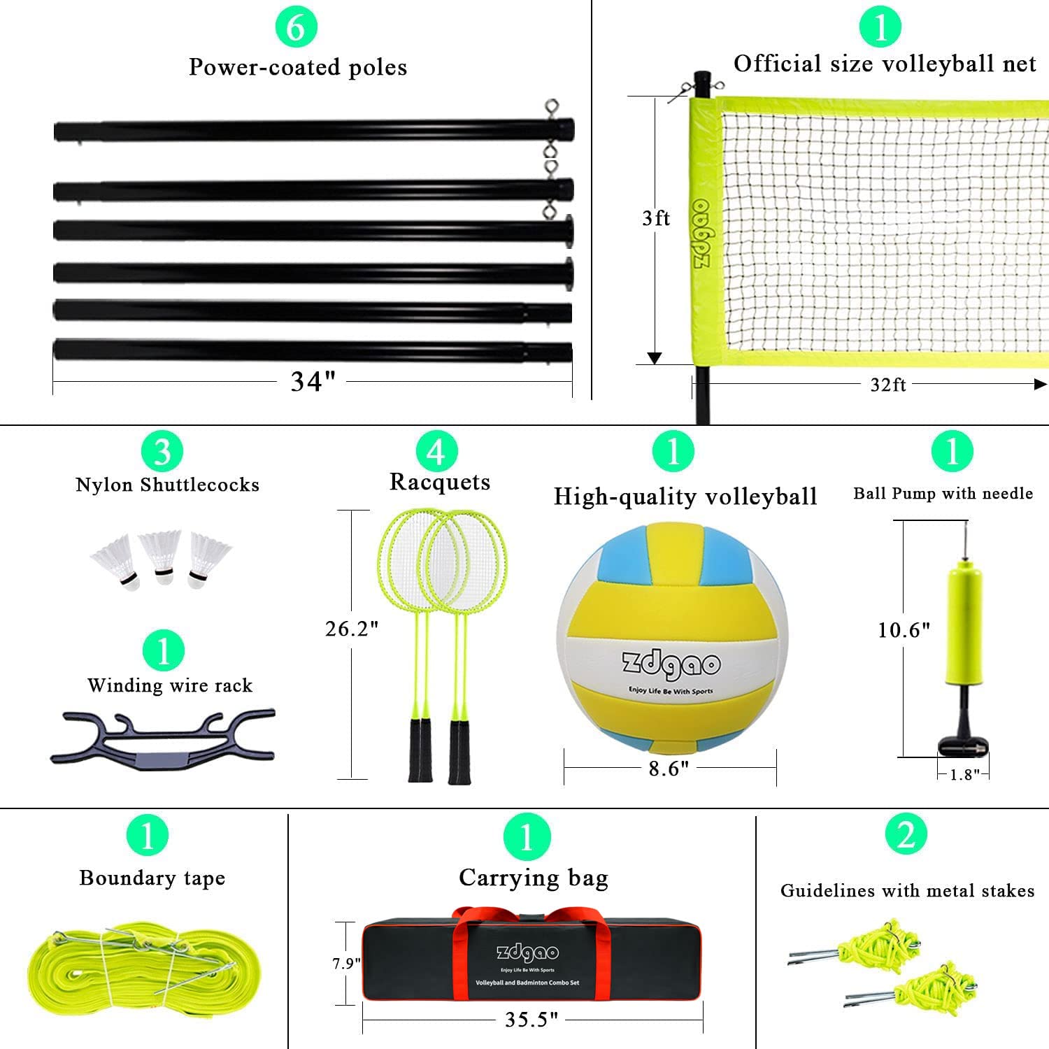G&S Volleyball and Badminton Set for Backyard and Outdoors with Easy Set-up Volleyball Net + 4 Pro Badminton Rackets + Carrying Bag + Volleyball + Ball Pump, Complete Bundle