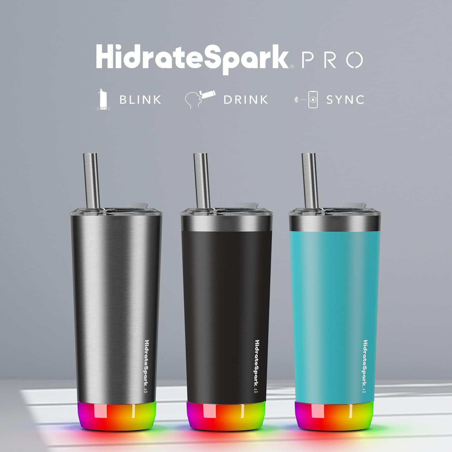 Hidrate Spark PRO Smart Tumbler β Insulated Stainless Steel β Tracks Water Intake with Bluetooth, LED Glow Reminder When You Need to Drink β 20oz, Black